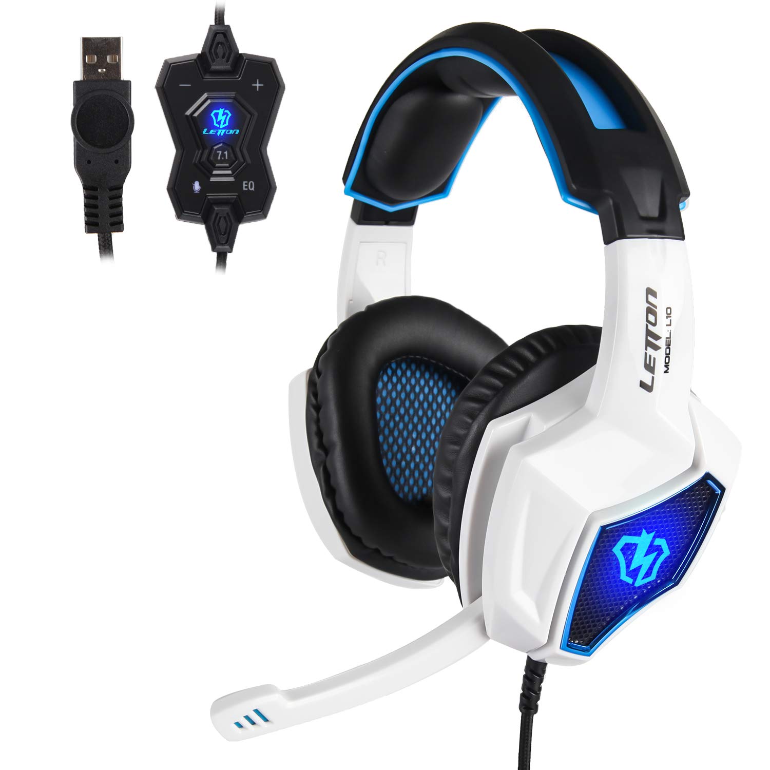 LETTON L10 USB Gaming Headset Stereo Over Ear Wired Headphones Noise Canceling PC Mac Headphones with Microphone and Deep Bass Volume Control (White)