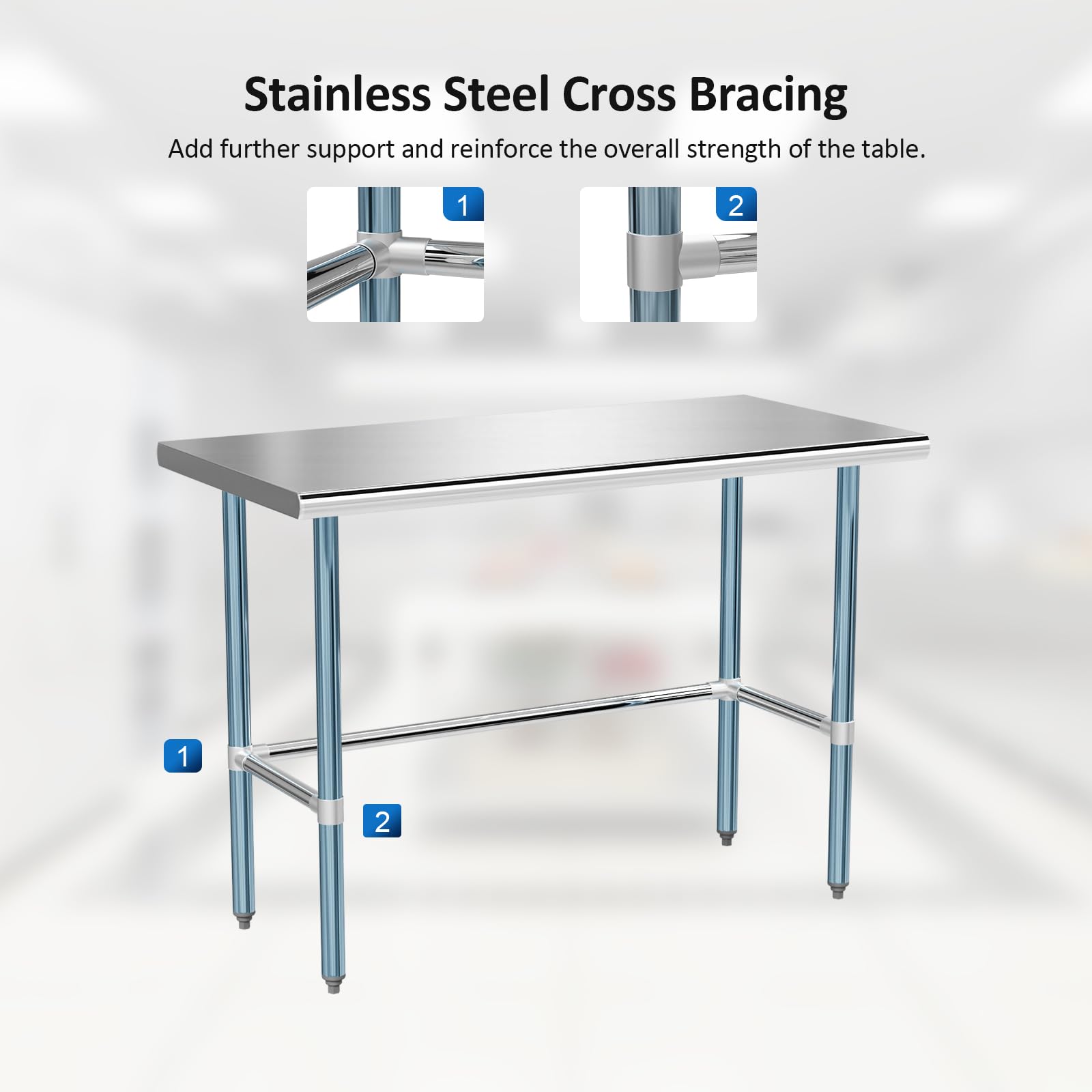 ROVSUN 60" x 24" Stainless Steel Open Base Table, NSF Commercial Metal Table, Heavy Duty Prep & Work Table with Galvanized Legs for Home Kitchen, Restaurant,Hotel, Garage, Laundry, Utility