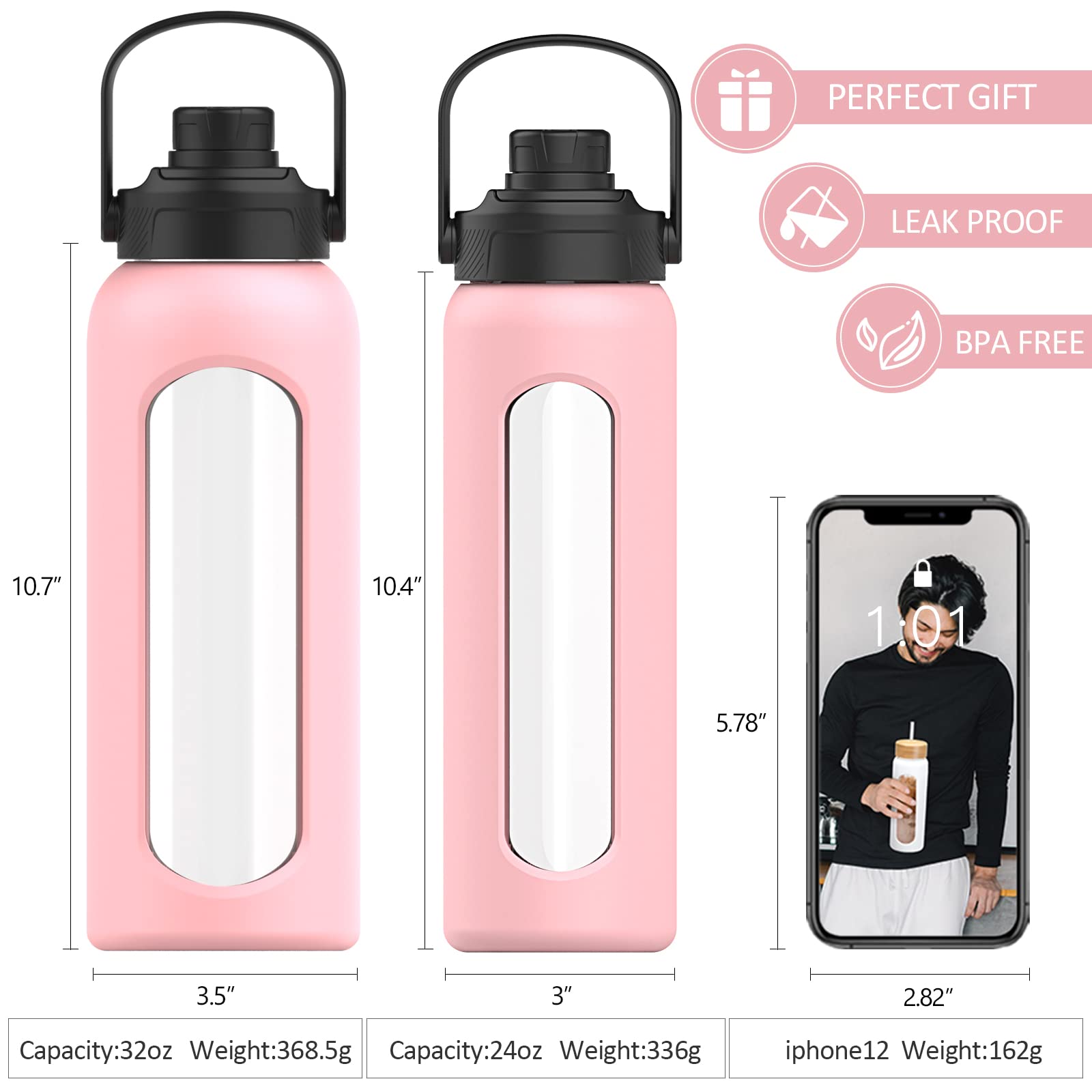 Kodrine Glass Water Bottles with Straw, 32 oz Water Bottle with 2 Lids - Handle Spout Lid & Bamboo Straw Lid, Silicone Sleeve, Wide Mouth, Leakproof, BPA Free(Amber)