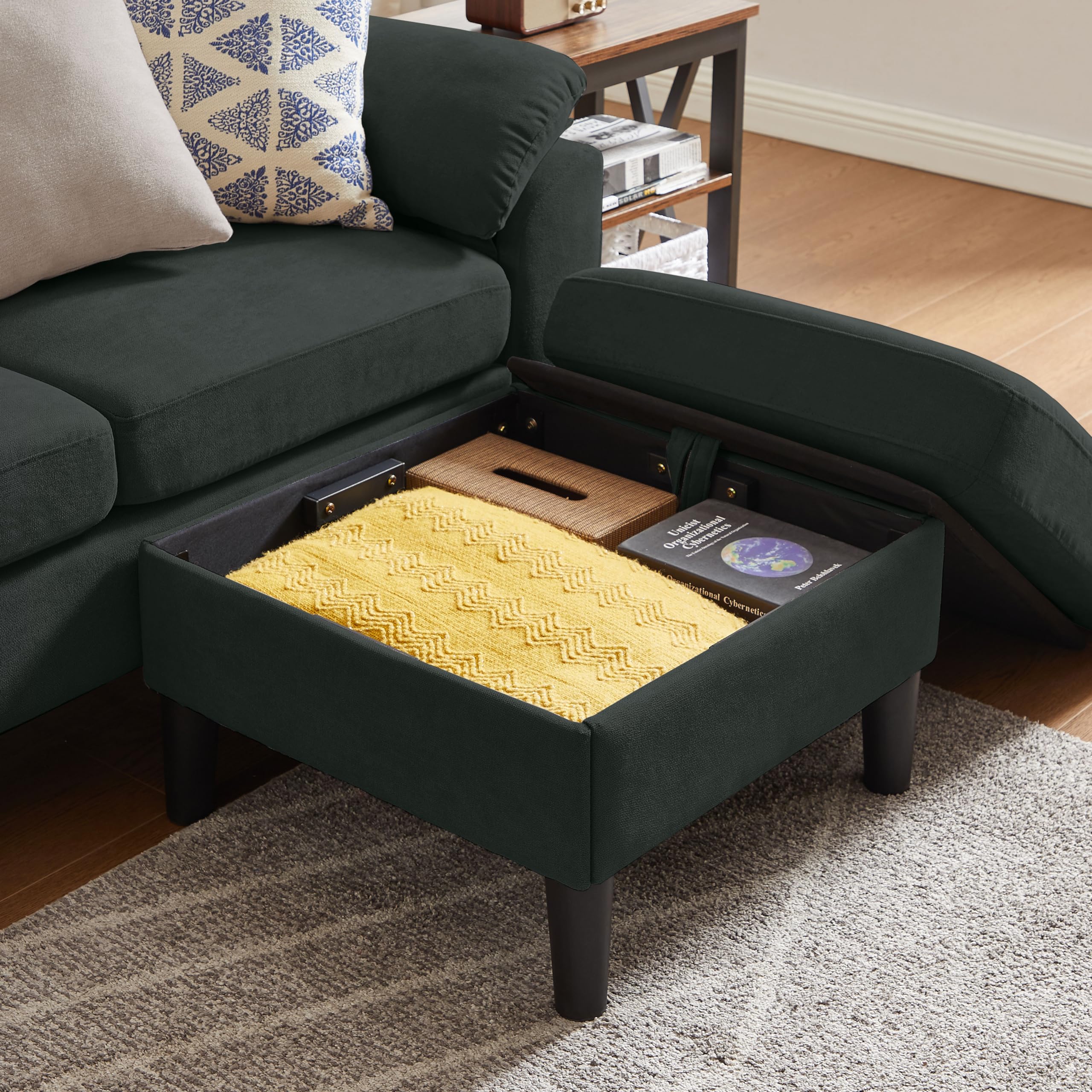 Soscana Sectional Sofa,82" L Shaped 3 Seater Couch with Movable Ottoman Armrest Pillow Polyster Fabre for Small Spaces, Beige