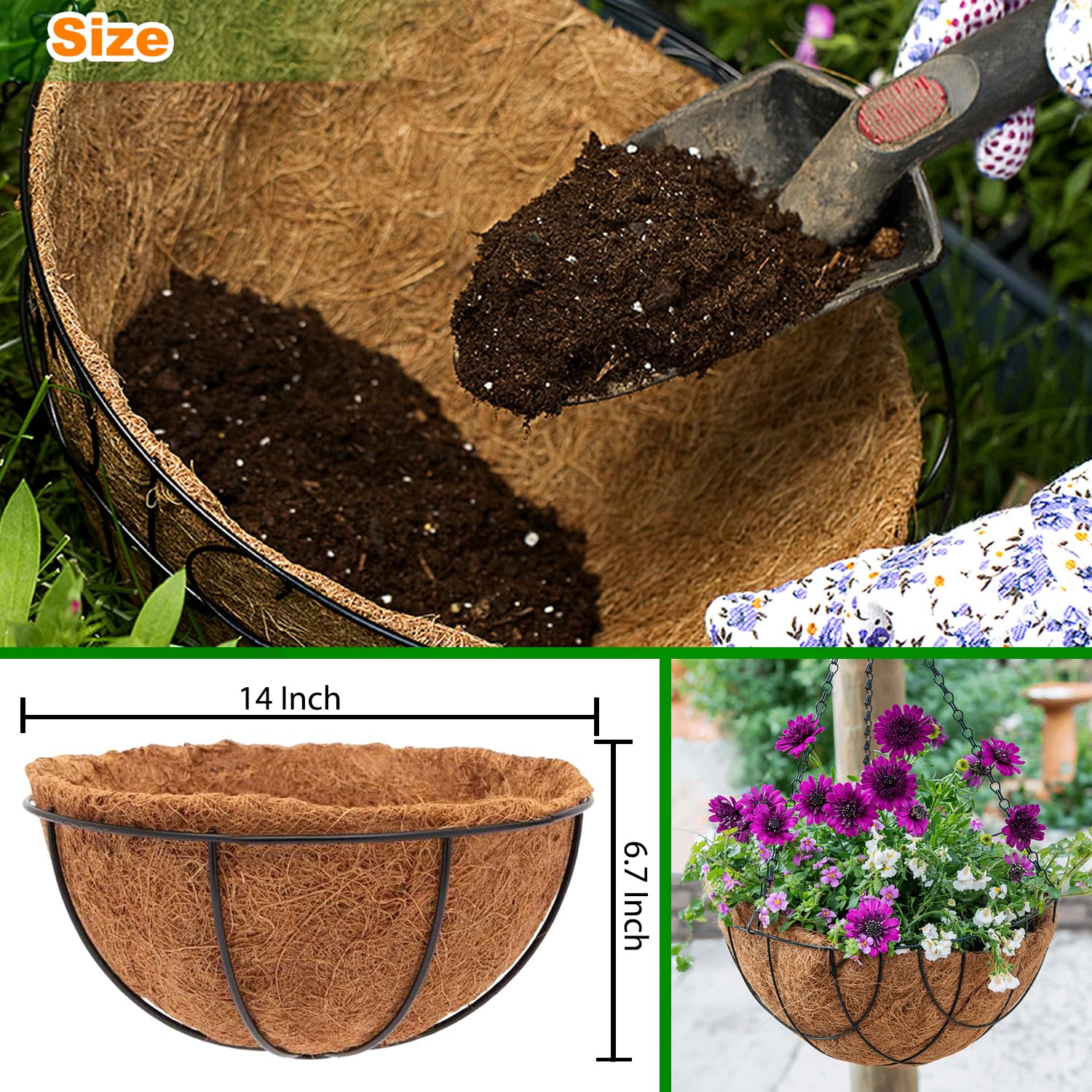 LCHUANG Coco Liners for Planters - 4 Pack 14 Inch Round Hanging Basket Liners, 100% Natural Coconut Fiber Replacement Liners for Hanging Baskets Planters Flowers, Plants, Vegetables (14'' Pack of 4)