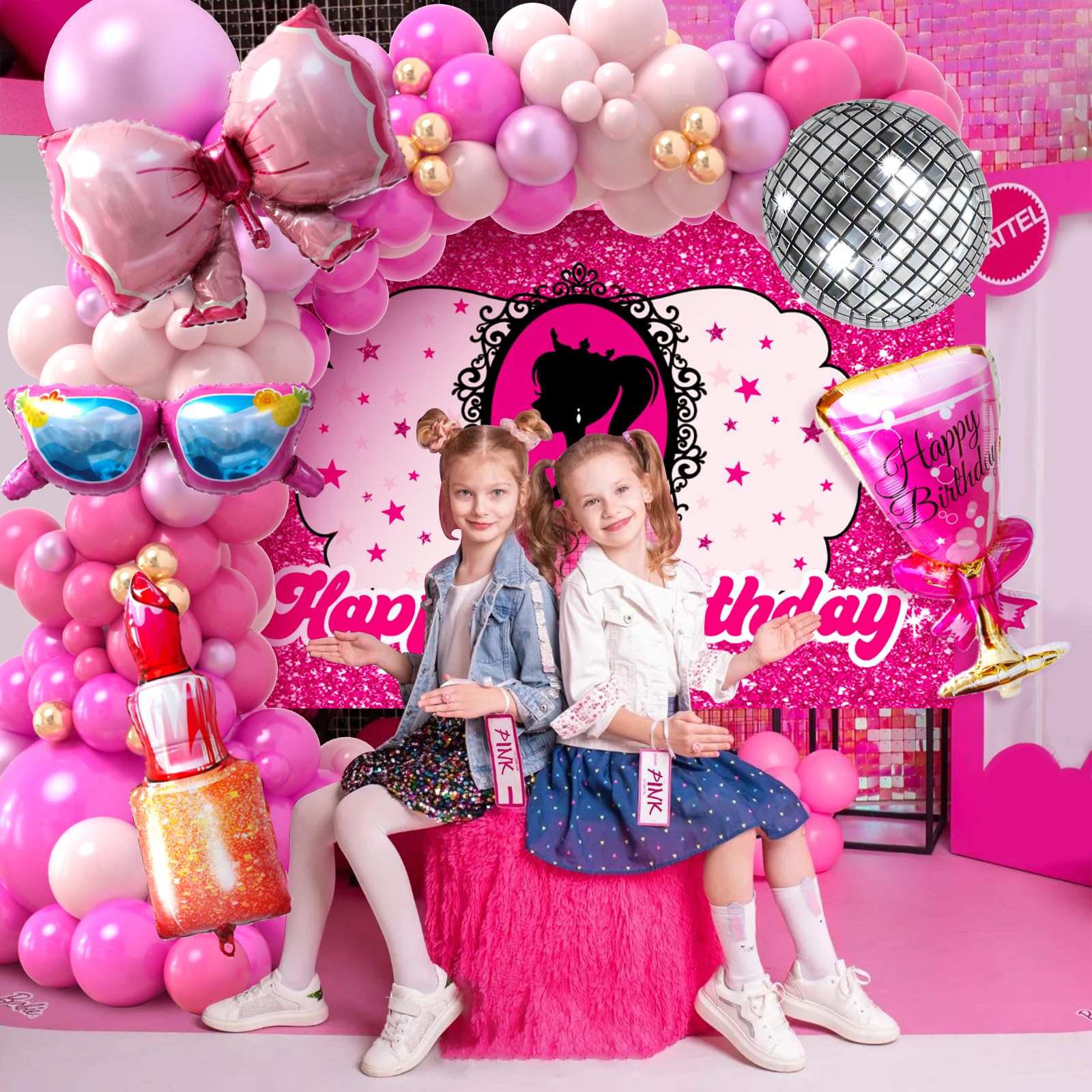 KELENO 137 Hot Pink Party Decorations Birthday Party Supplies Princess Balloon Garland Arch Kit Bow Disco Sunglass Lipstick Balloon Backdrop Tablecloth Baby Shower Bachelorette Girl Birthday Decor