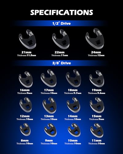 Orion Motor Tech Crowfoot Wrench Set for 8 to 24 mm Flare Nuts, Crowfoot Flare Nut Tool Kit, 15 Piece Large & Small Metric Wrench Set for 3/8" and 1/2" Drives Ratchets Extenders for Nut Removal