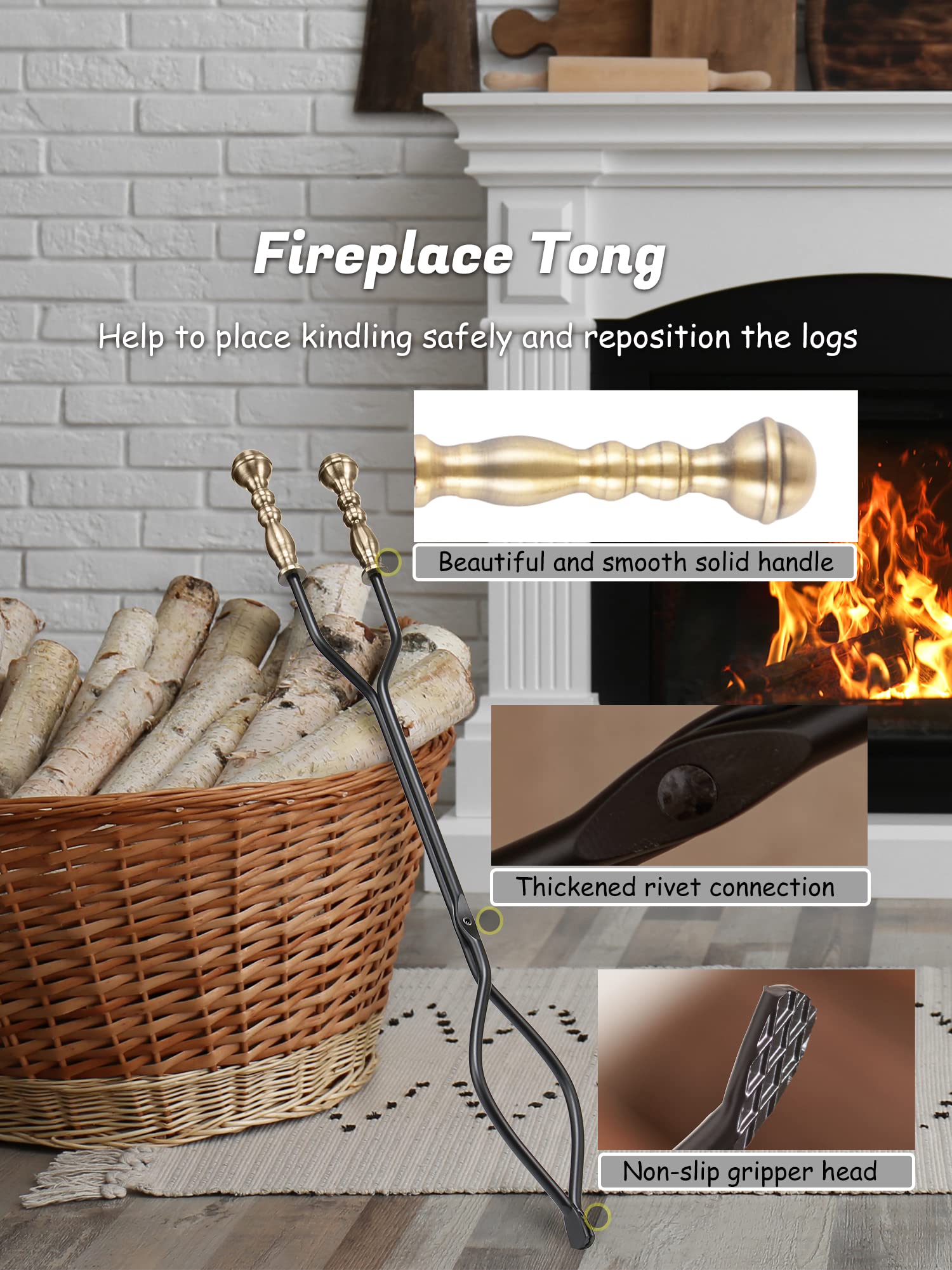 Lichamp Fireplace Tools Set, 5-Pieces Indoor Outdoor Sturdy Fire Place Poker Sets with Retro Gold Handle, FTS45GD