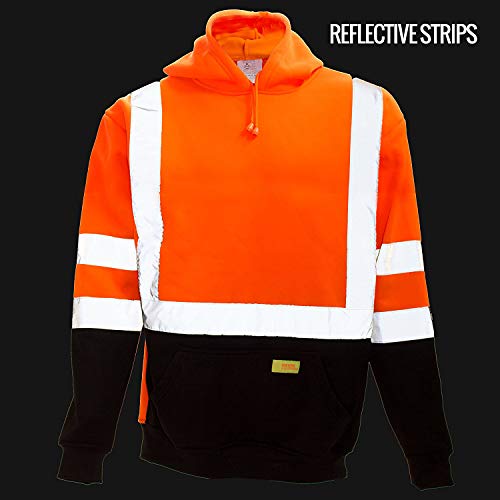 New York Hi-Viz Workwear H8311 Men's ANSI Class 3 High Visibility Class 3 Sweatshirt, Hooded Pullover, Knit Lining, Black Bottom (Orange, X-Large)