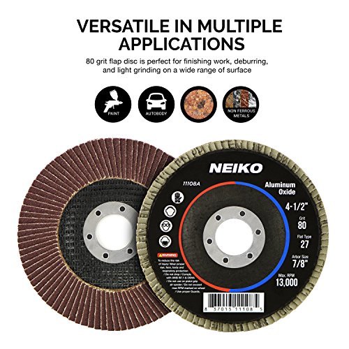 NEIKO 11108A 10 Pack Aluminum Oxide Flap Discs 4-1/2 for Angle Grinder, 80 Grit Flapper Wheel, Flat T27 Grinding Wheel 4.5 Inch Flap Disc, 7/8" Arbor Grinding Disc, Wood & Metal Sanding