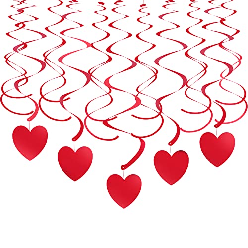 Red Heart Hanging Swirls Party Streamer Spiral Decorations for Wedding Valentine's Day Mother's Day, Pack of 30