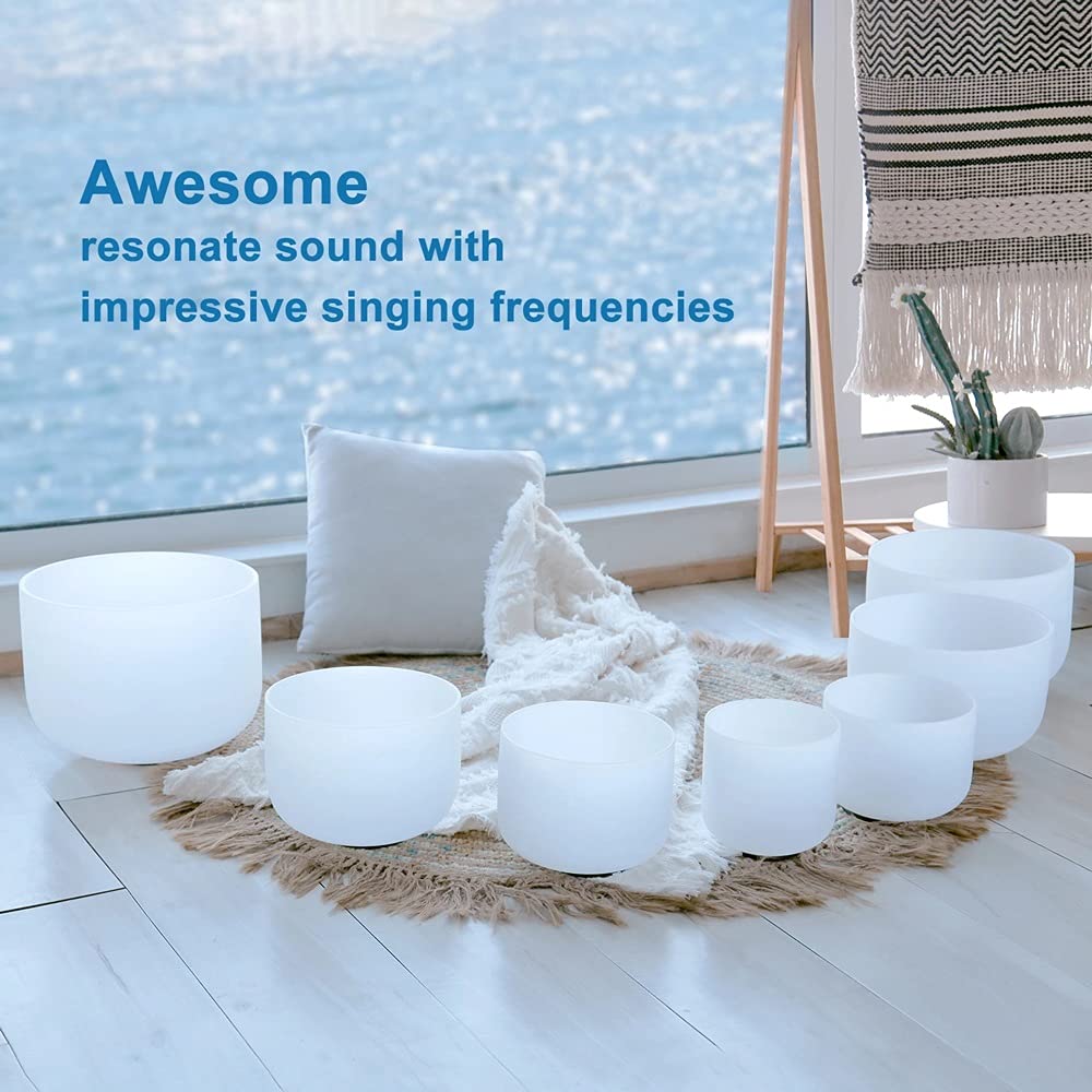 N/A 7-12 Inch Note Set of 7PCS Chakra Frosted Quartz Crystal Singing Bowl with Free Carry Bag