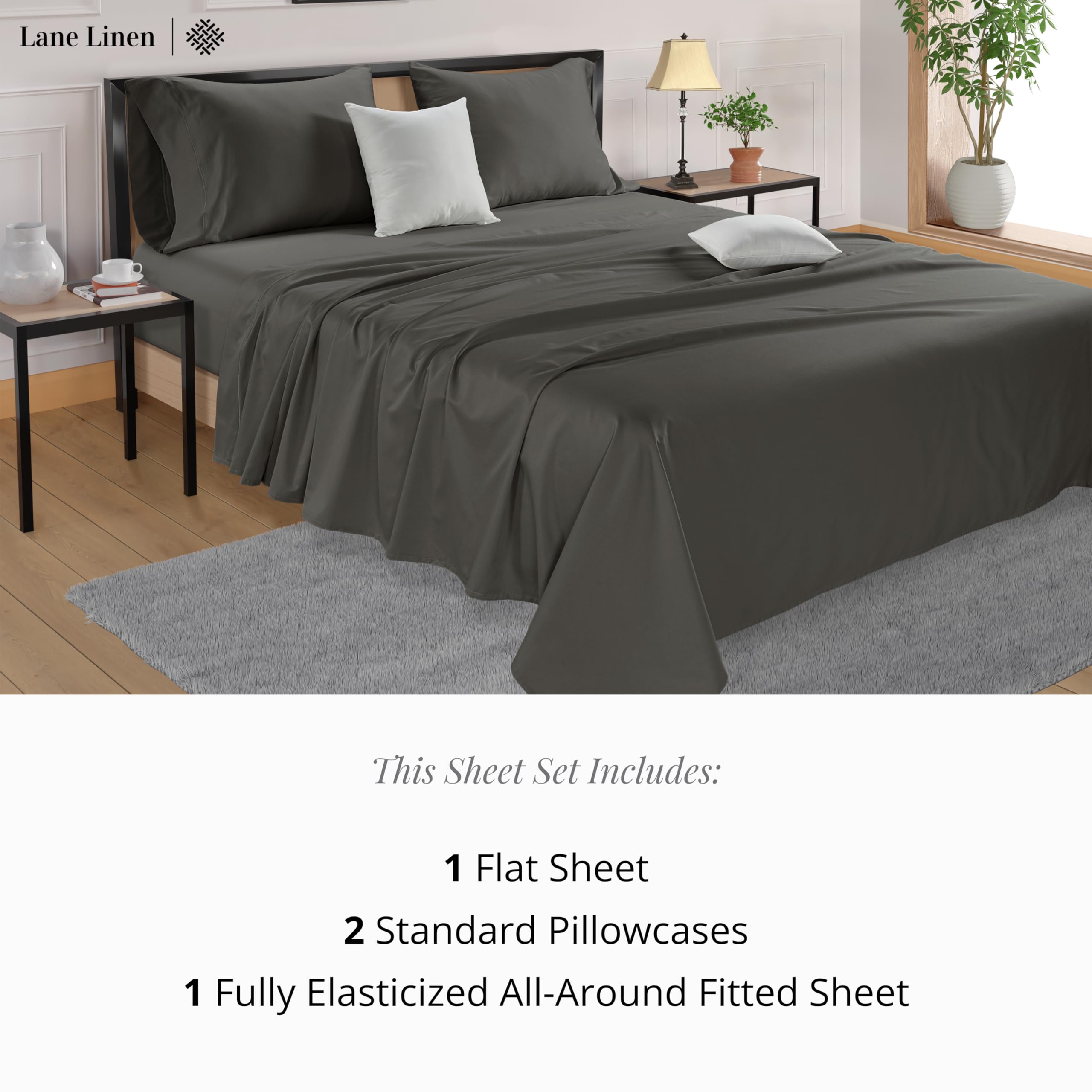 Lane Linen Queen Sheet Set - 600 TC Black Sheets Queen Size Bed Set - 100% Cotton Black Bed Sheets Queen Size Set, Ultra Soft Queen Bed Sheets Set, Sateen Weave Cotton Sheets Queen Size Set - Charcoal