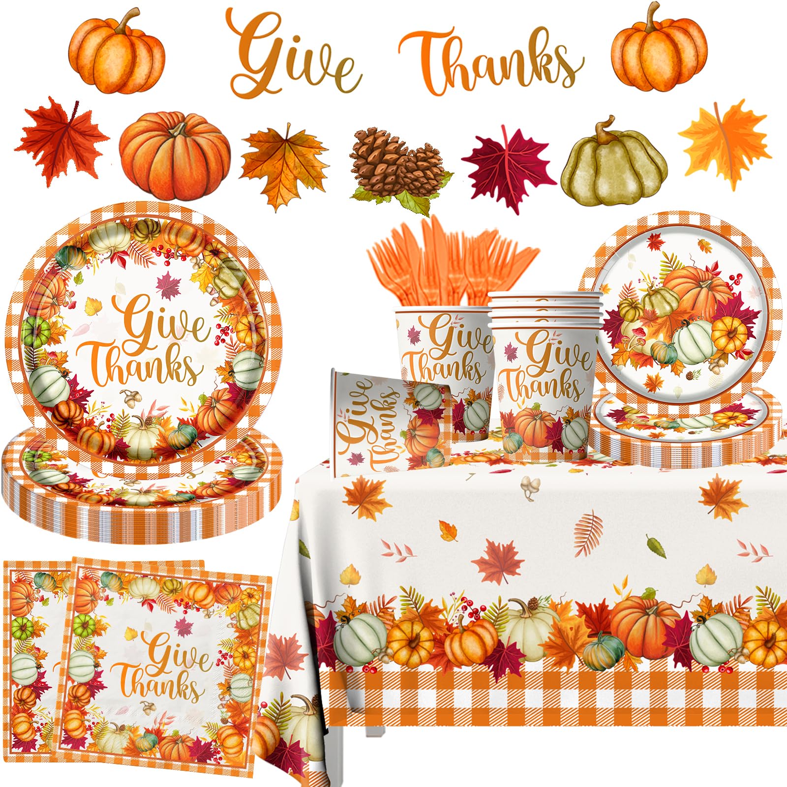 Thanksgiving Party Supplies,142pcs Fall Theme Tableware Set Include Give Thanks Plates Cups Napkins Plastic Tablecloth for Autumn Harvest Thanksgiving Party Supplies