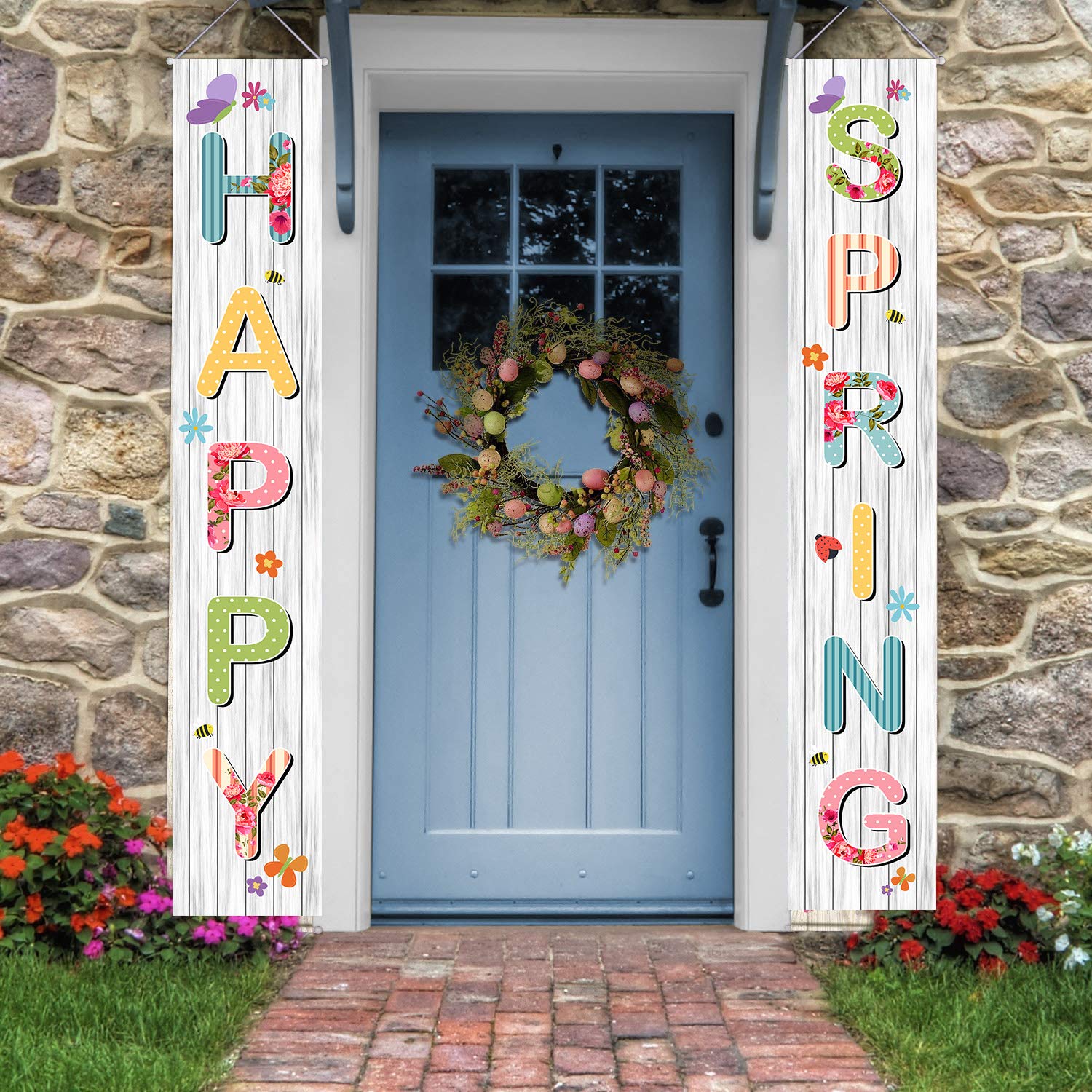 ORTIGIA Happy Spring Banner for Outdoor Colorful Floral Butterflies Porch Sign Decorations Outdoor Indoor Vintage Holiday Hanging Flags Wall Decor for Front Door Home Party Supplies