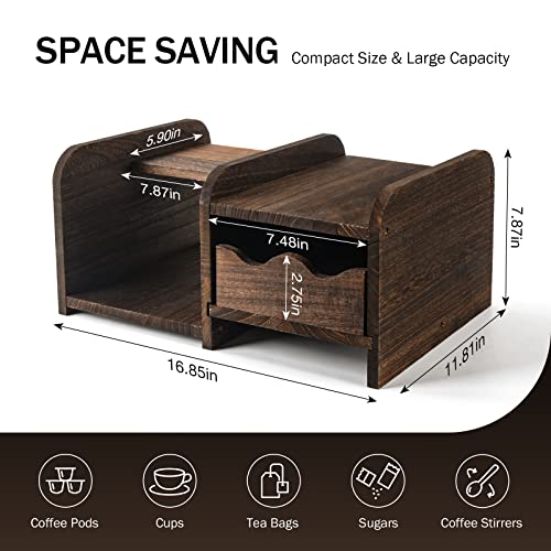Soulhand Coffee Station Organizer with Drawer, Wooden Coffee Bar Accessories Organizer for Countertop, 48 Large Coffee Pods Storage Organizer, K-Cup Organizer for Home Office (Brown)