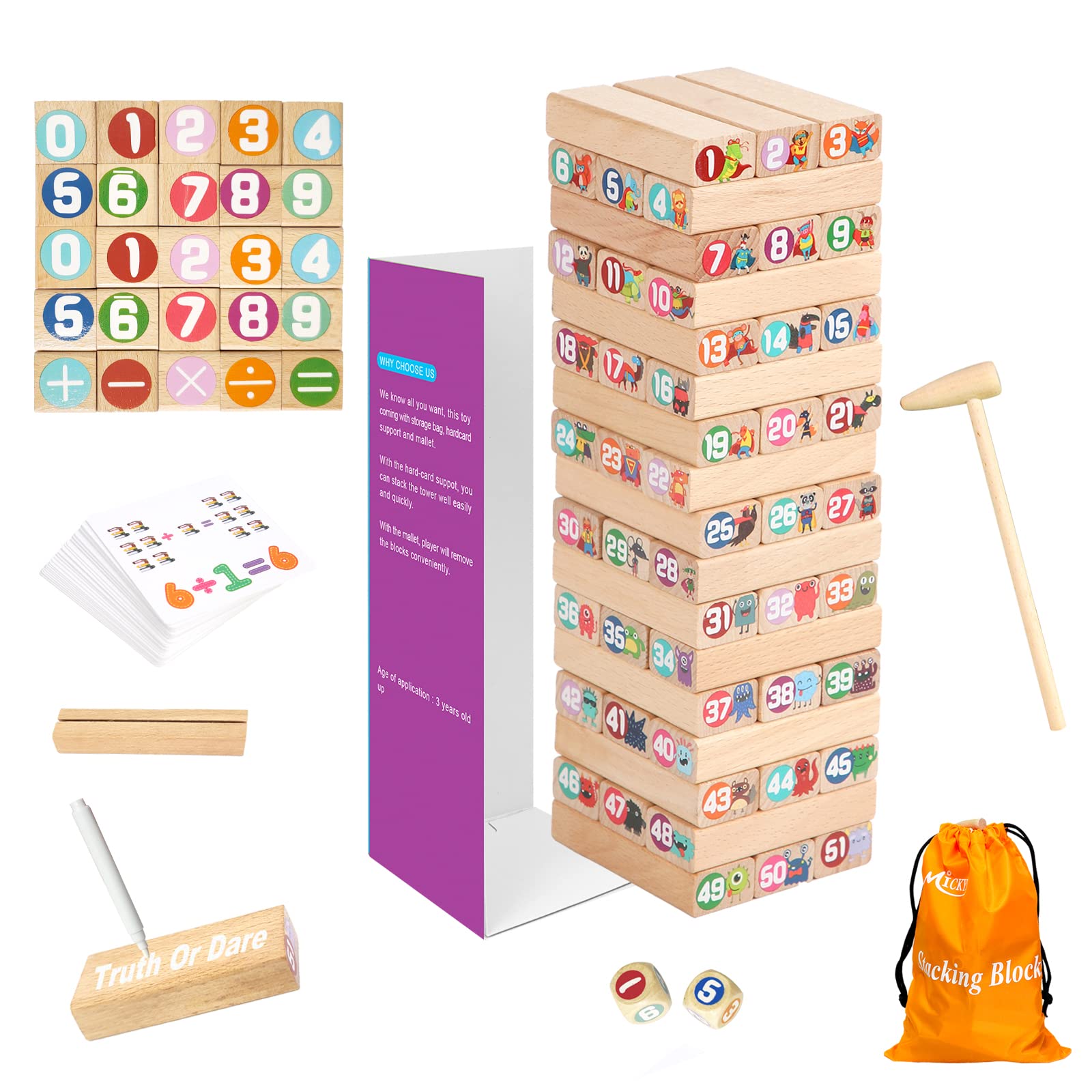 MICKYU 51 Pcs Wooden Blocks Stacking Tumbling Tower Game Kids Learning Math Toys with Dices, Mallet, Number Blocks, Cards, Tray, and Storage Bag