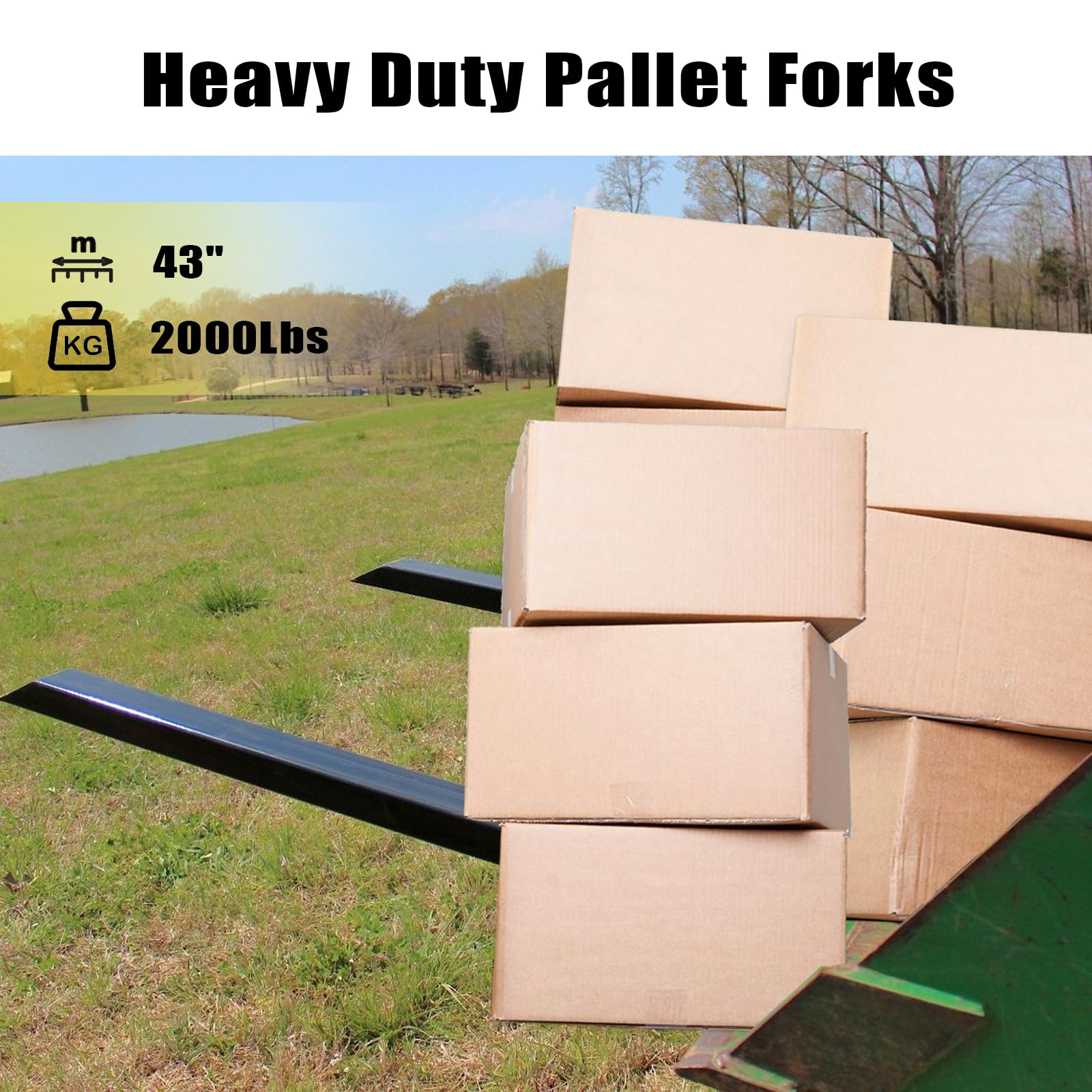Pallet Forks Clamp On for Tractor Bucket w/Adjustable Stabilizer Bar -43" 2000lbs Capacity Max Tractor Bucket Forks(43inch Total Length)
