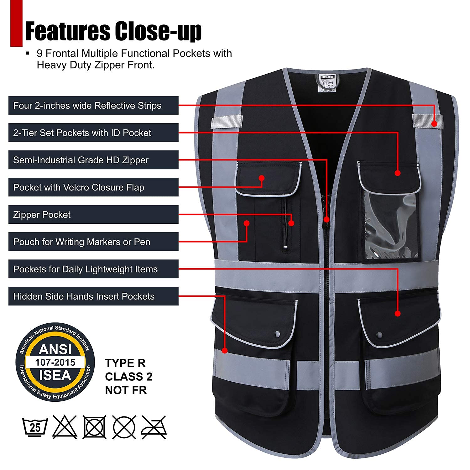 HATAUNKI Class 2 Retro-Reflection Safety Vests 9 Pockets and Front Zipper ANSI/ISEA 107-2015 (Black-03, Small)