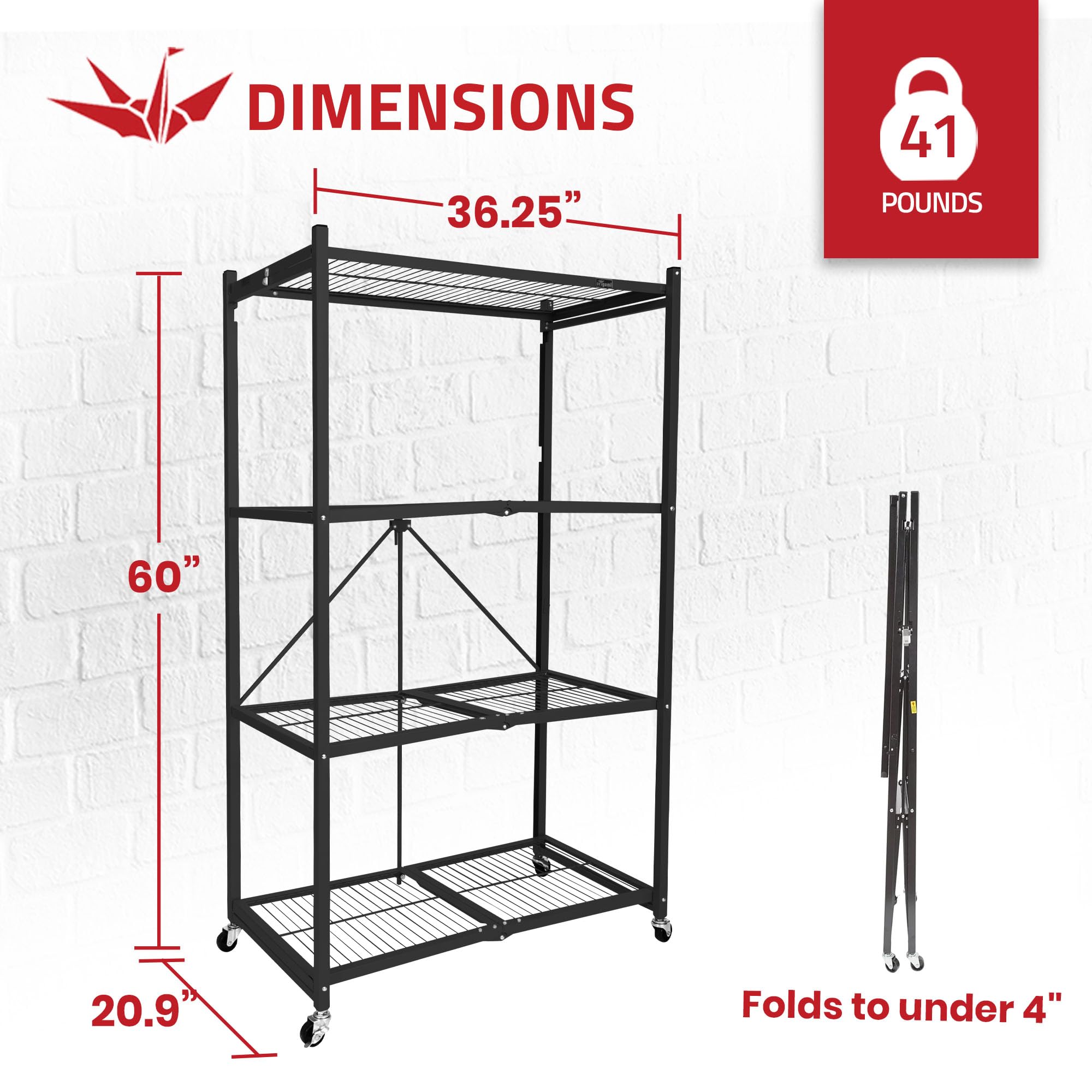 Origami R5 4 Tier Foldable Heavy Duty Metal Storage Rack with Wheels Holds Up to 1,000 Pounds for Kitchen, Garage, or Garden Storage, Black, Renewed