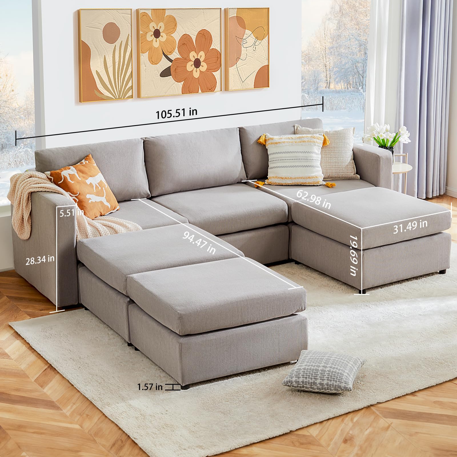 Sweetcrispy Convertible Modular Sectional Sofa, 8 Seat Sectional Couches for Living Room, U-Shaped Modern Fabric Modular Sofa Sleeper with Double Chaise for Home, Apartment, Grey