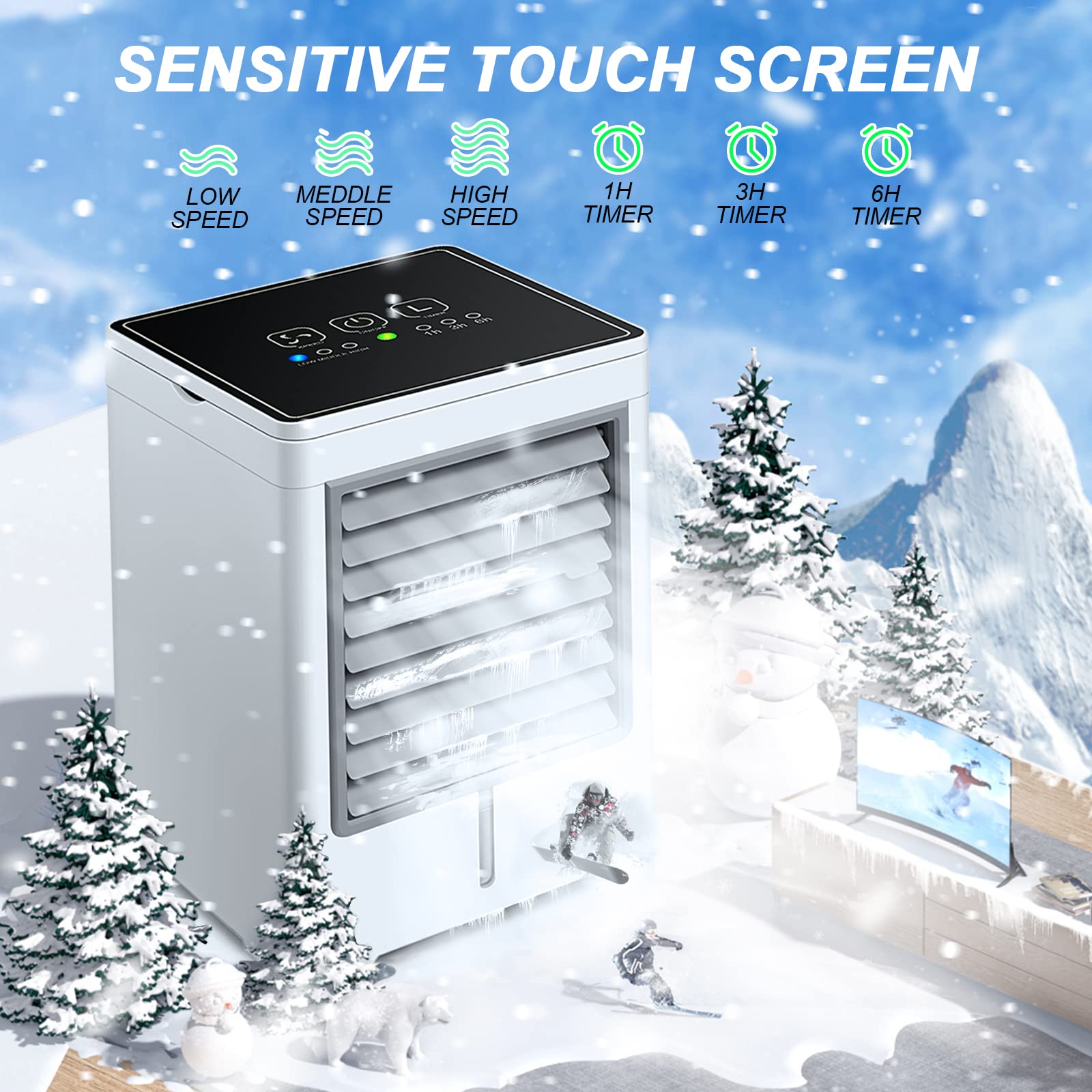 Portable Air Conditioners, USB Personal Mini Air Conditioner with 3-Speed, Evaporative Air Cooler with Touch Screen, Portable Ac Unit Fan for Room, Tent, Bedroom, Car, RV, and Camping