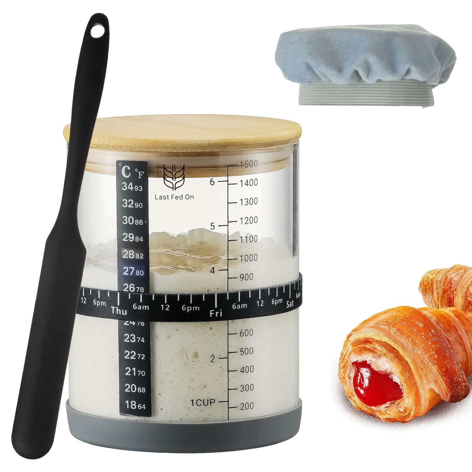 Sourdough Starter Jar,50oz Wide-Mouth with Non-slip silicone rubber Bottom Sourdough Starter Kit,Date Marked Feeding Band, Thermometer, Cloth Cover & Bamboo Lid, Reusable Sourdough Bread Baking