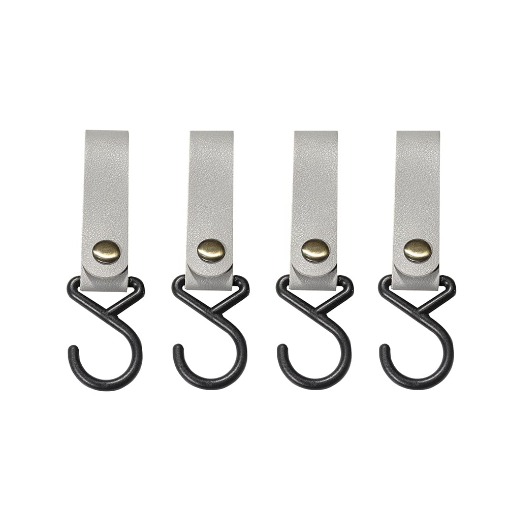 MolonButterfly Multipurpose Leather S Hooks for Hanging - Kitchen Organization, Utensils Hanger, Camping Gear Organizer - Pack of 4, Sturdy and Compact, Grey