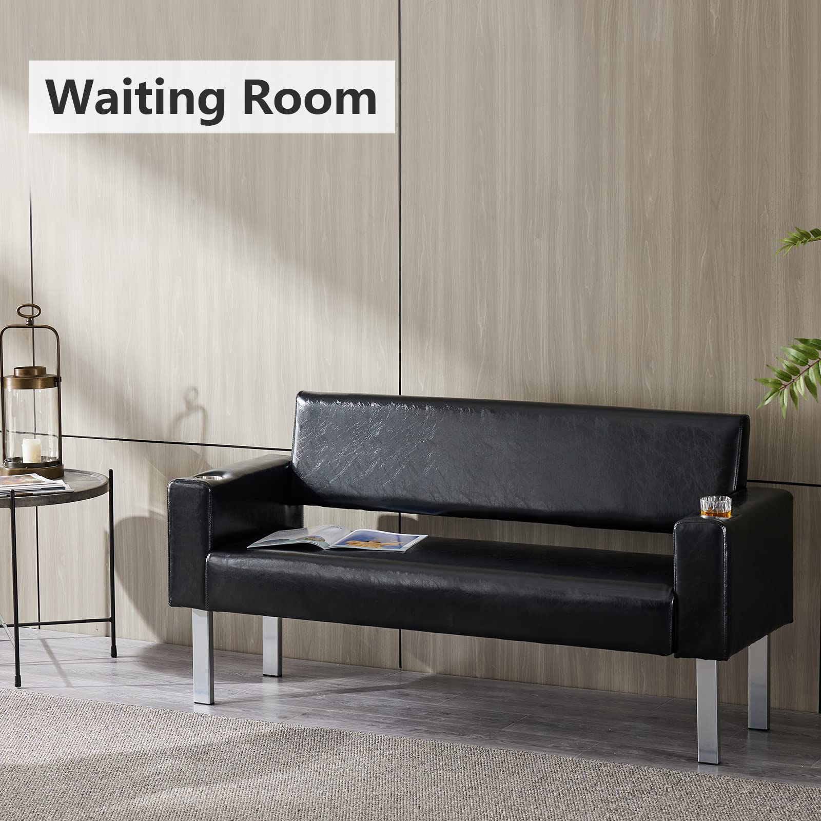 LEADZM Waiting Room Bench Seating, Salon Reception Office Chairs, Heavy Duty Guest Lobby Chairs with 2 Cup Holder,Leather Settee with Backrest & Armrest, Beauty Barber Furniture, Black