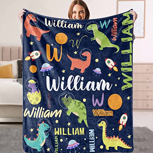 Personalized Dinosaur Throw Blanket for Boys Custom Name Soft Flannel Blanket for Kids Dino Outspace Plush Navy Blue Blanket Gift Birthday Christmas Baby Toddlers Nursery Room Decor, 40 x 50inch