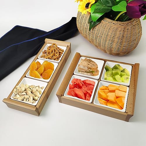 Jinsongdafa Wood Pallet Porcelain Divided Serving Dishes, Appetizer, Relish Tray, Serving Bowls for Parties - Perfect for Chips and Dip, Veggies, Candy and Snacks | Reusable (4 Cells Platters)