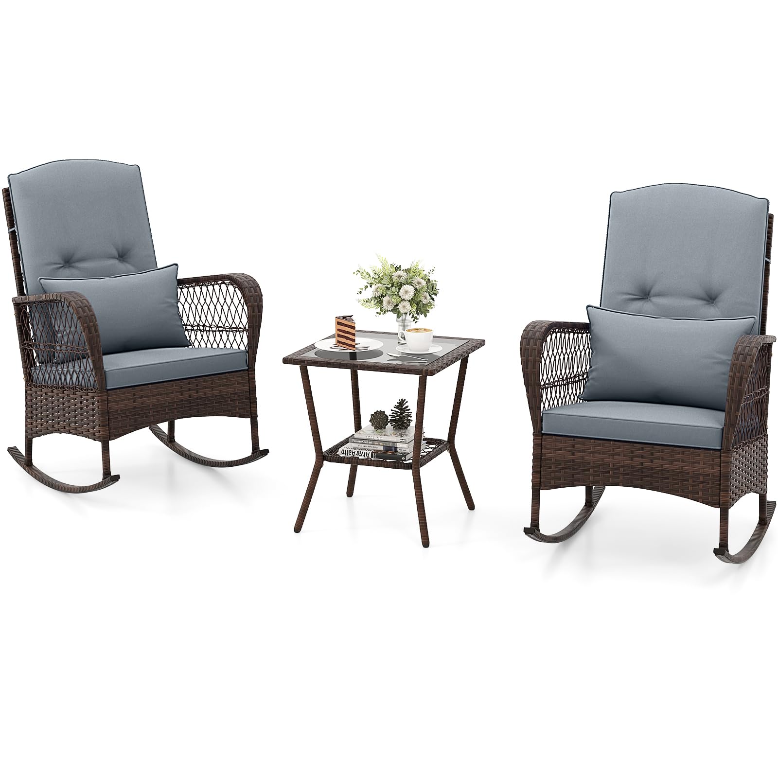 Tangkula 3 Piece Patio Rocker Set, Patiojoy Outdoor Wicker Rocking Chairs w/Double-Layer Coffee Table, Rattan Rocker Chair Set w/Seat Back Cushions & Pillows, for Porch, Backyard, Poolside (Grey)