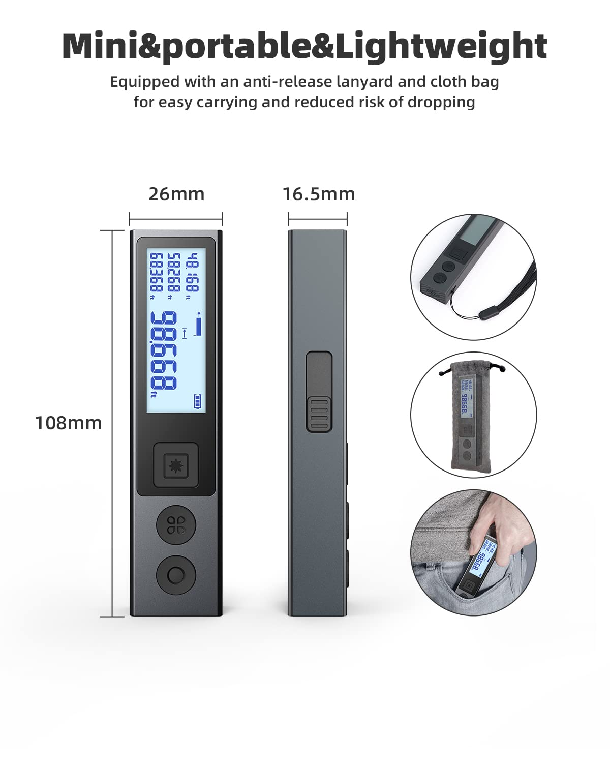 MiLESEEY Laser Measure,Mini Portable Laser Measurement Tool with Alloy Housing Design,Rechargeable,Backlit Display,M/in/Ft Unit Switching,Pythagorean Mode, Measure Distance, Area and Volume (98 Feet)