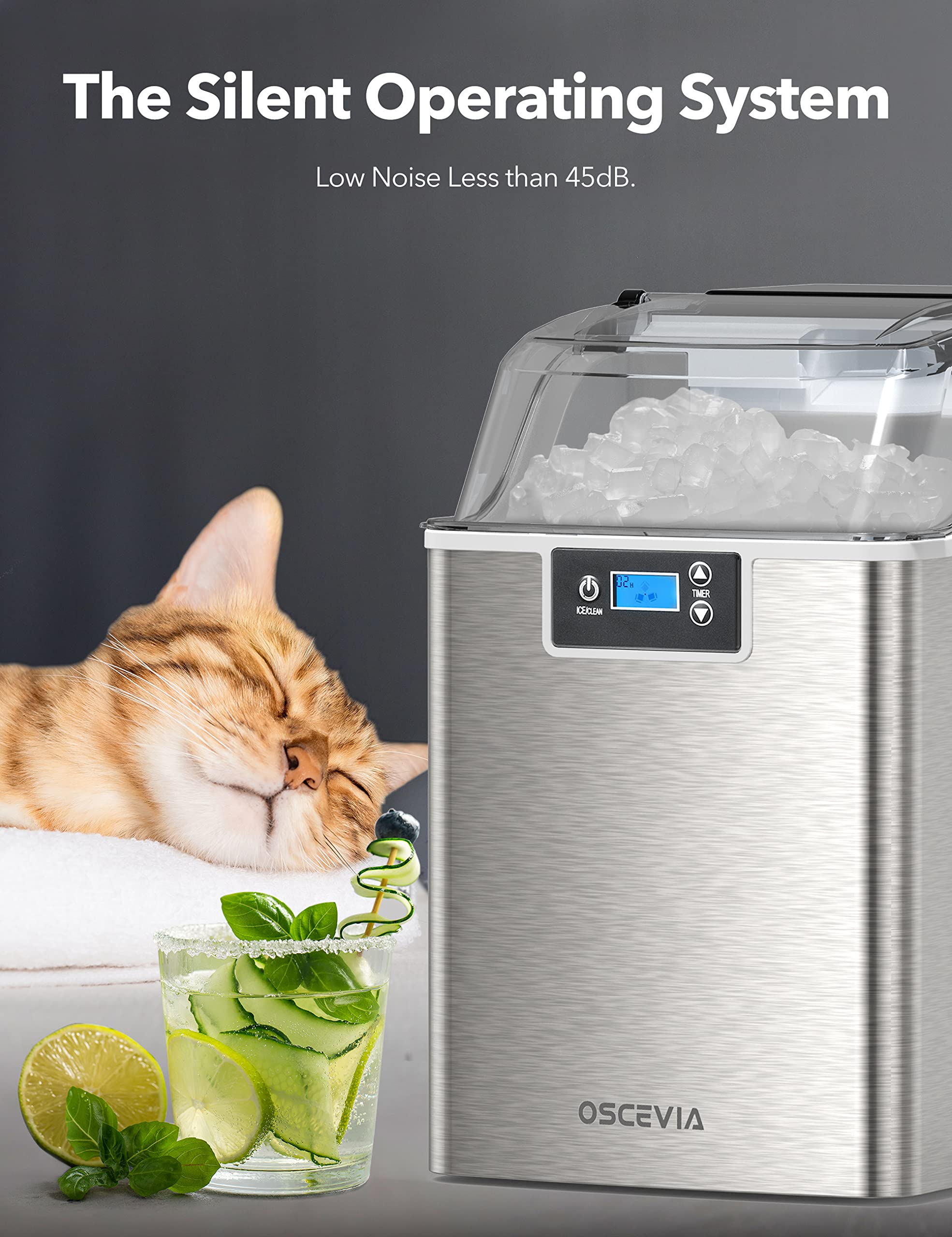 Nugget Ice Maker Countertop 44lbs, Pebble Ice Maker Machine, 15mins Ice-Making, Self-Cleaning, 4lbs Ice Backet, 2.2L Water Tank, Sonic Ice Maker for Home Office Bar Party