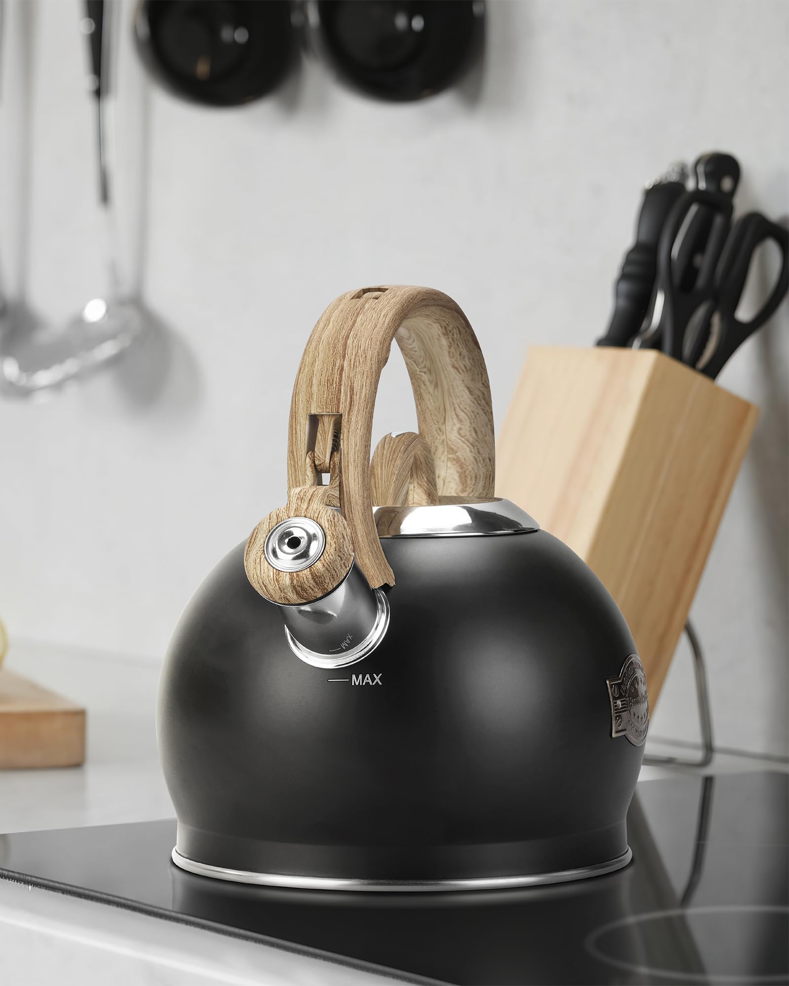 Hauce Radio Tea Kettle Stovetop, Black Tea Kettles-2.1 Quart Loud Whistle Stovetop Teapot,Food Grade Stainless Steel with Wood Pattern Handle, Unique Button Control Kettle Outlet for Tea, Coffee