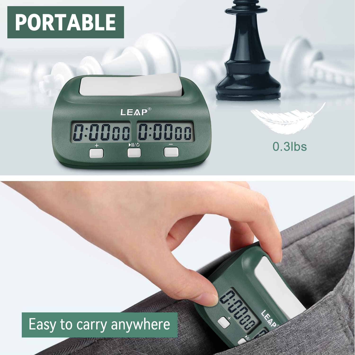 LEAP Digital Chess Clock Timer with Bonus and Delayed Time Features Chess Timer for Chess Game I-GO and Chinese Chess (Blackish Green)