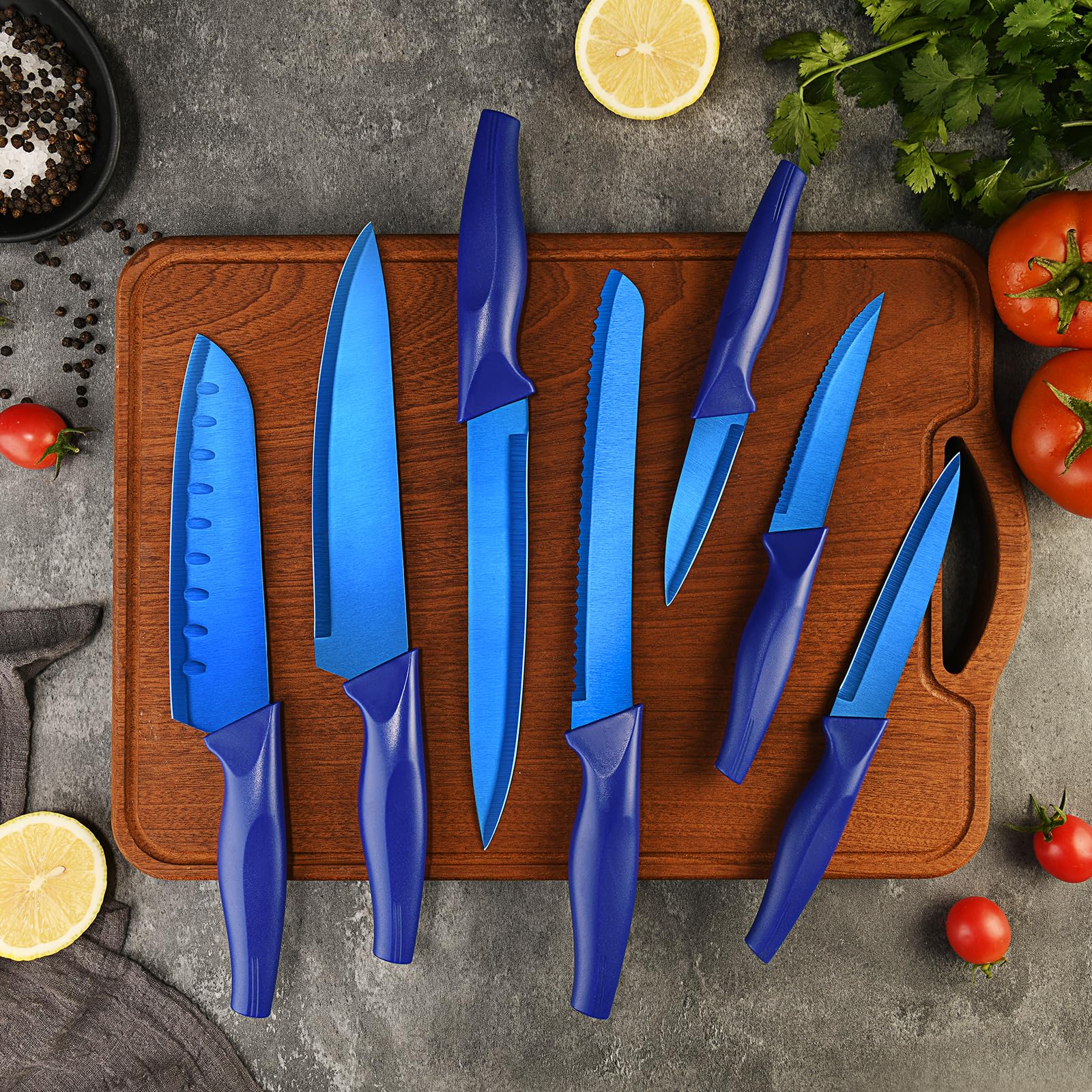 LIFVCNT 7 PCS Kitchen Knife Set, Chef Knife Set with 7 Sheathes, Small Stainless Steel Kitchen Knives Sets, Blue Sharp Cooking Cutting Knife Set with Covers without Block for Kitchen