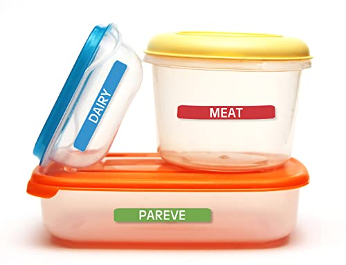 Lovable Labels Kosher Labels, 120 Pre-Printed Meat, Dairy and Pareve Kosher Stickers, Microwave, Freezer and Dishwasher Safe, Color Coded Kitchen Stickers for Kosher Kitchen. (Blue/Red/Green)