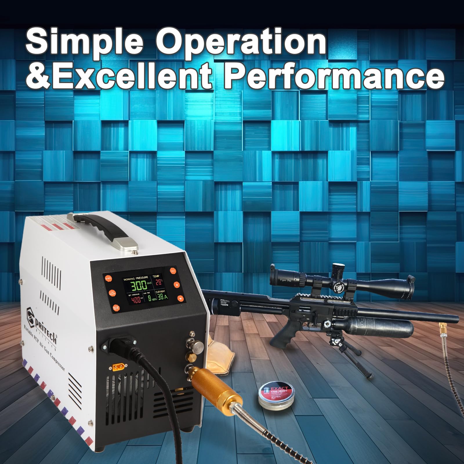 PCP Air Compressor,LCD Display Version Auto-shutoff 4500Psi/30Mpa Oil/Water-Free Set-pressure Paintball Tank Pump with Water/Oil Separator,Built-in Power Adapter