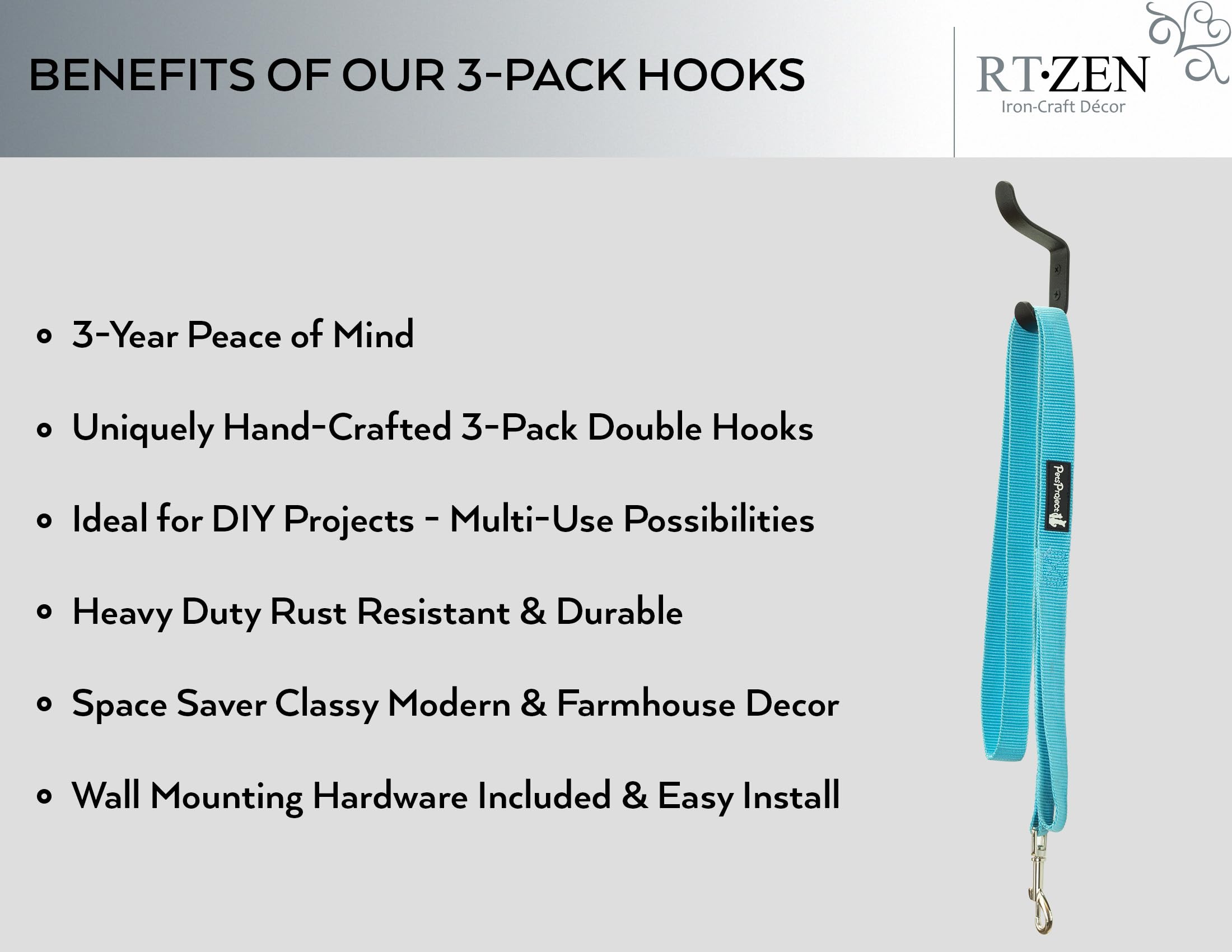 RTZEN Black Wrought Iron Wall Mounted Towel Holders and Coat Hooks Set - Handcrafted Classic Farmhouse Multipurpose Hanging Pieces for Home - Hand Towel Bar, Bath Towel Bar and 3 Pack Double Hooks