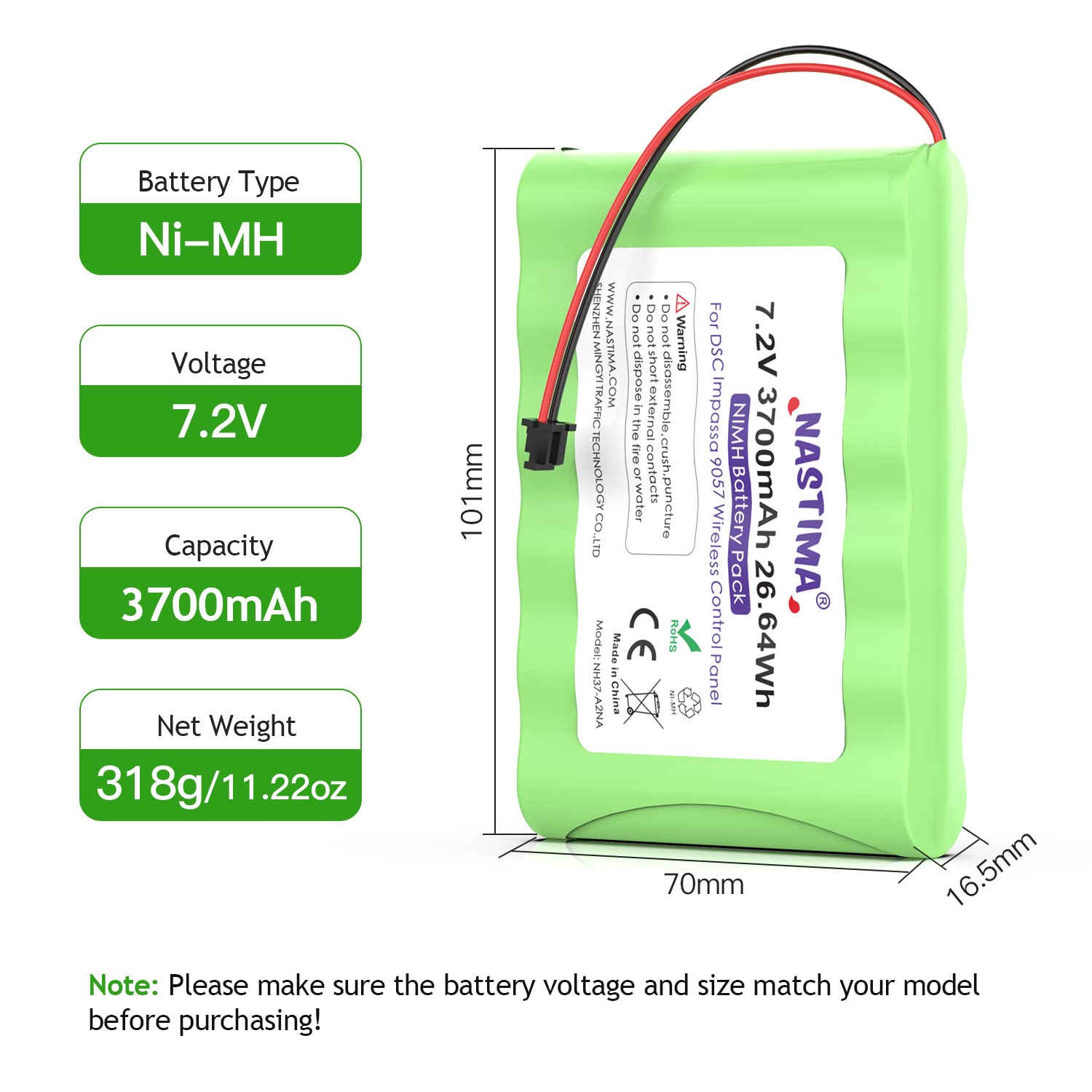 NASTIMA 7.2V 3700mAh Replacement Battery for DSC IMPASSAS 9057, 6PH-H-4/3A3600-S-D22, 7.2V Rechargeable Ni-MH Battery Pack for ADT Control Panel