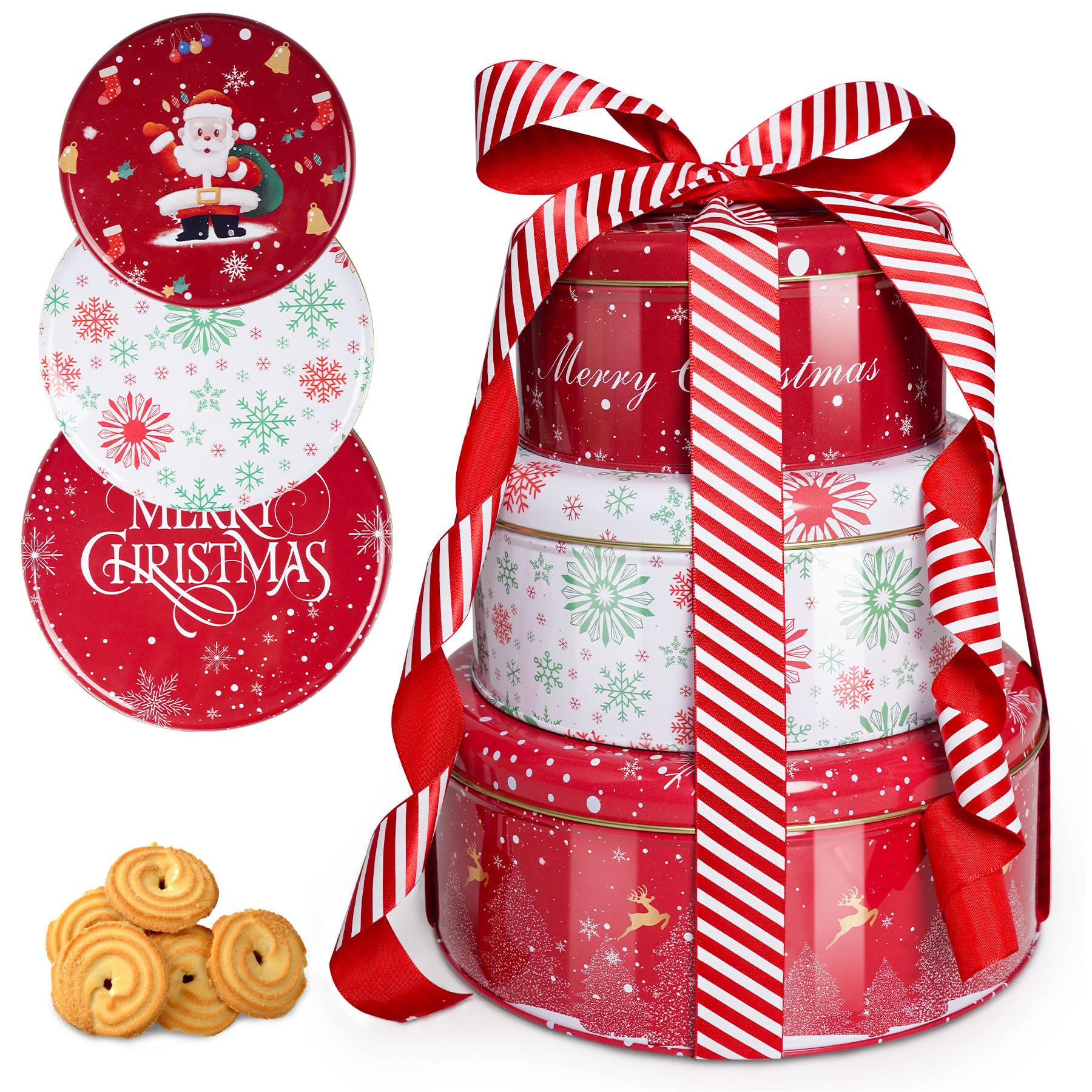 JOYCUBE Cookie Tins with Lids, 3 Pack Christmas Cookie Tins with 16.5ft Gift Ribbon, Festive Cookie Cake Containers Tins for Gift Giving & Holiday Treats, Round Metal Nesting Containers