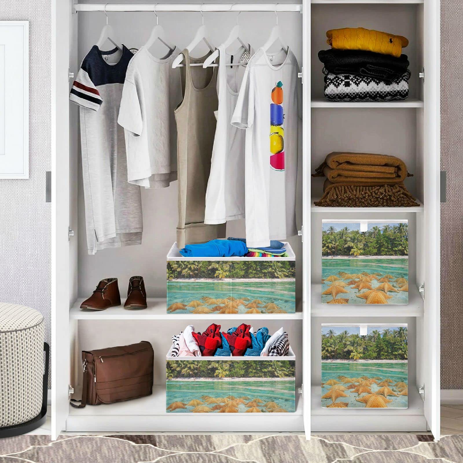 Kigai Storage Basket Tropical Palm Trees & Starfishes Foldable Storage Bin 11 X 11 X 11 Inches Cube Storage Baskets Box for Shelves Closet Laundry Nursery Bedroom Home Decor