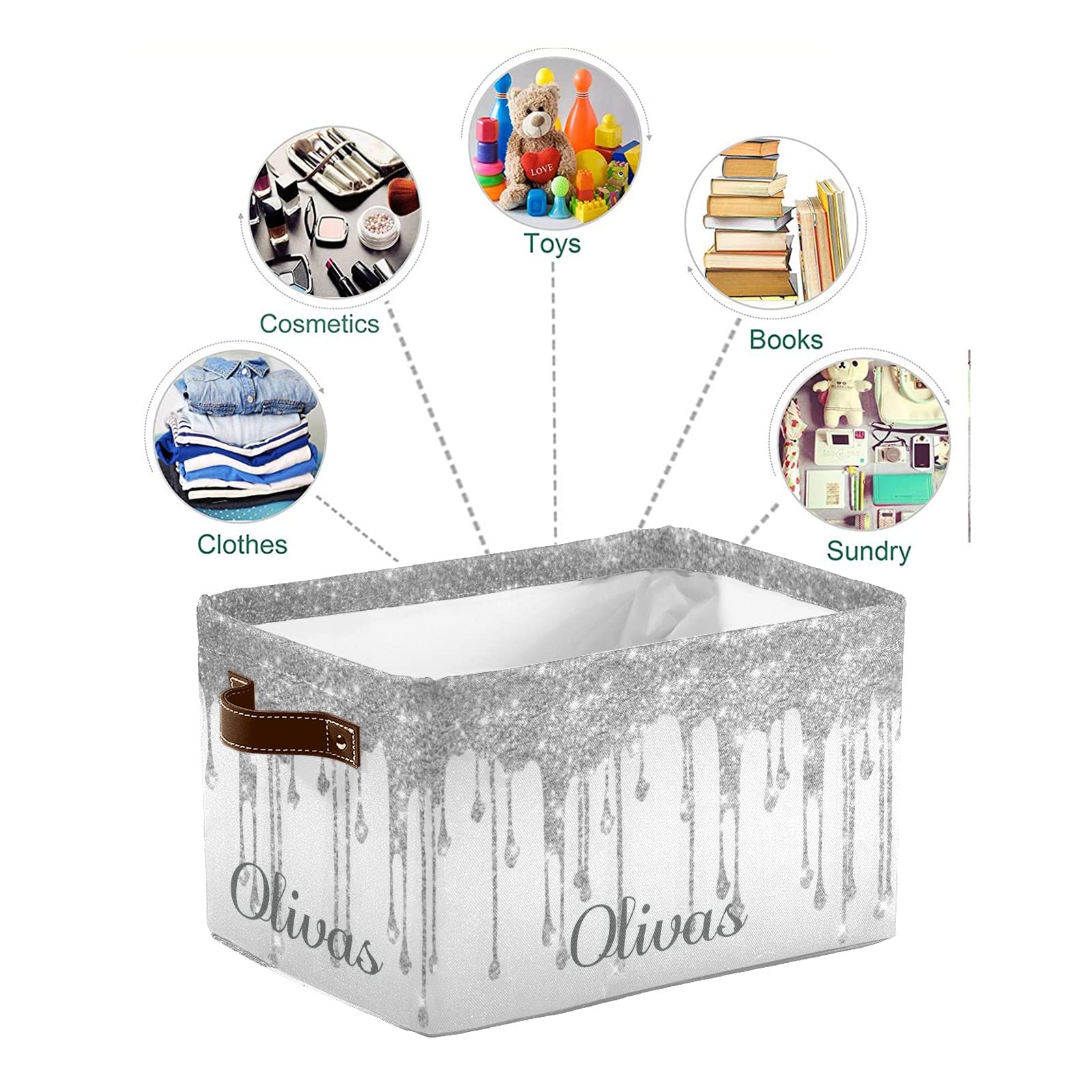 Personalized Storage Bins, Custom Storage Basket Boxes for Organizing Closet Shelf Nursery Toy Silver Fluid
