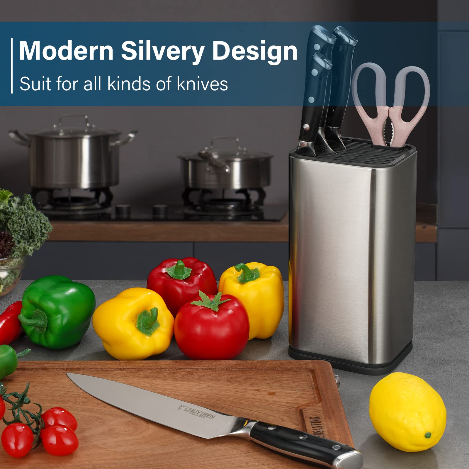 Sumteene Universal Knife Block, Knife Holder without Knives, Stainless Steel Knife Storage Block for 3.5" to 8" Knives, with Slots for Scissors and Sharpening Rod,for Kitchen Counter