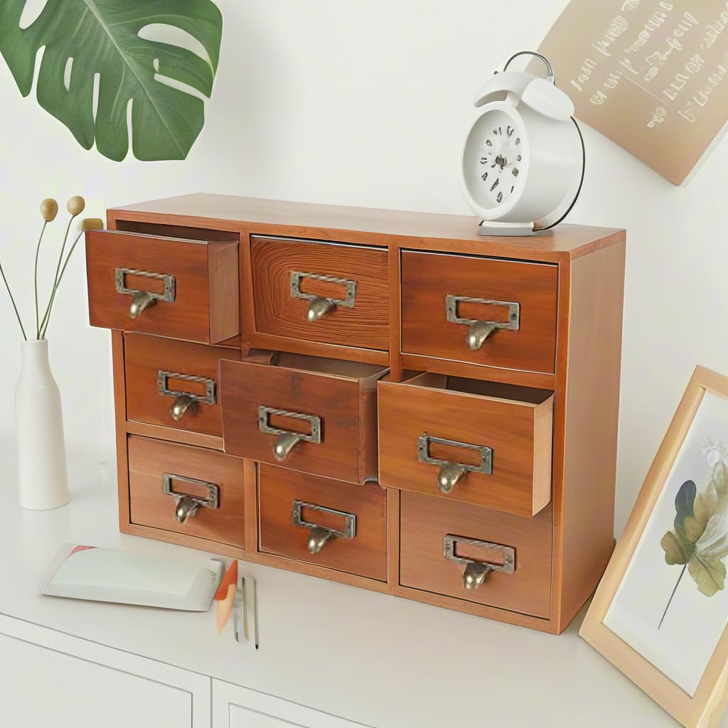 Vintage Apothecary Cabinet 9 Drawers Wooden Drawer Organizer for Desktop Traditional Solid Wood Small Chinese Medicine Cabinet Tea Storage Organizer