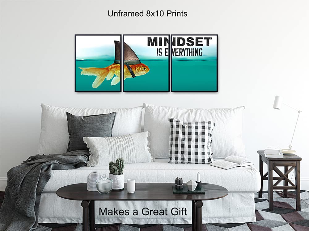 Mindset is Everything Motivational Posters - Motivational Wall Art - Home Office Decor - Entrepreneur Gifts - Inspirational Wall Decor - Uplifting Self-Improvement Positive Quote - Shark Goldfish