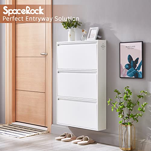 SPACEROCK 3 Drawers Shoe Storage Cabinet Wall Mounted & No-Assembly 25“ Metal Shoe Cabinet for Entryway, Hallway, and Corridor, Holds 12 Pair Shoes, White