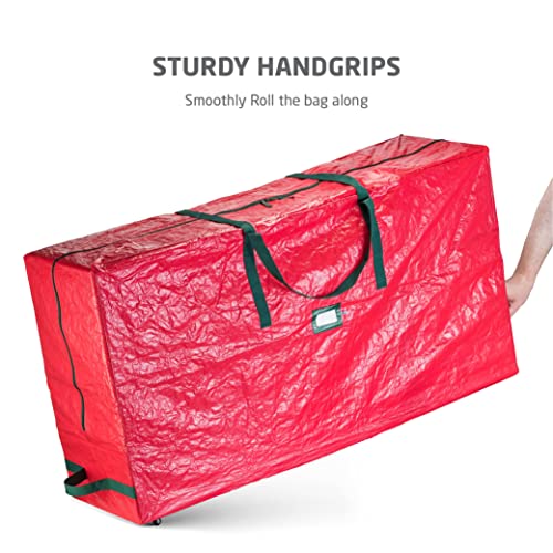 Zober Rolling Large Christmas Tree Storage Bag - Fits Artificial Disassembled Trees, Durable Handles & Wheels for Easy Carrying and Transport - Tear/Waterproof Polyethylene Plastic Duffle Bag (7.5 Ft., Red)