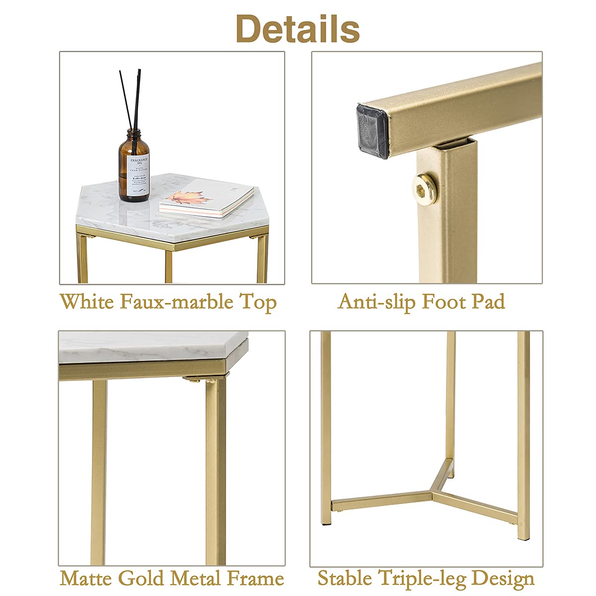 HAWOO Hexagon Gold Accent Side End Table with Faux Marble Top for Living Room, White Nightstand for Home Office Small Space, 16''D x 20" H