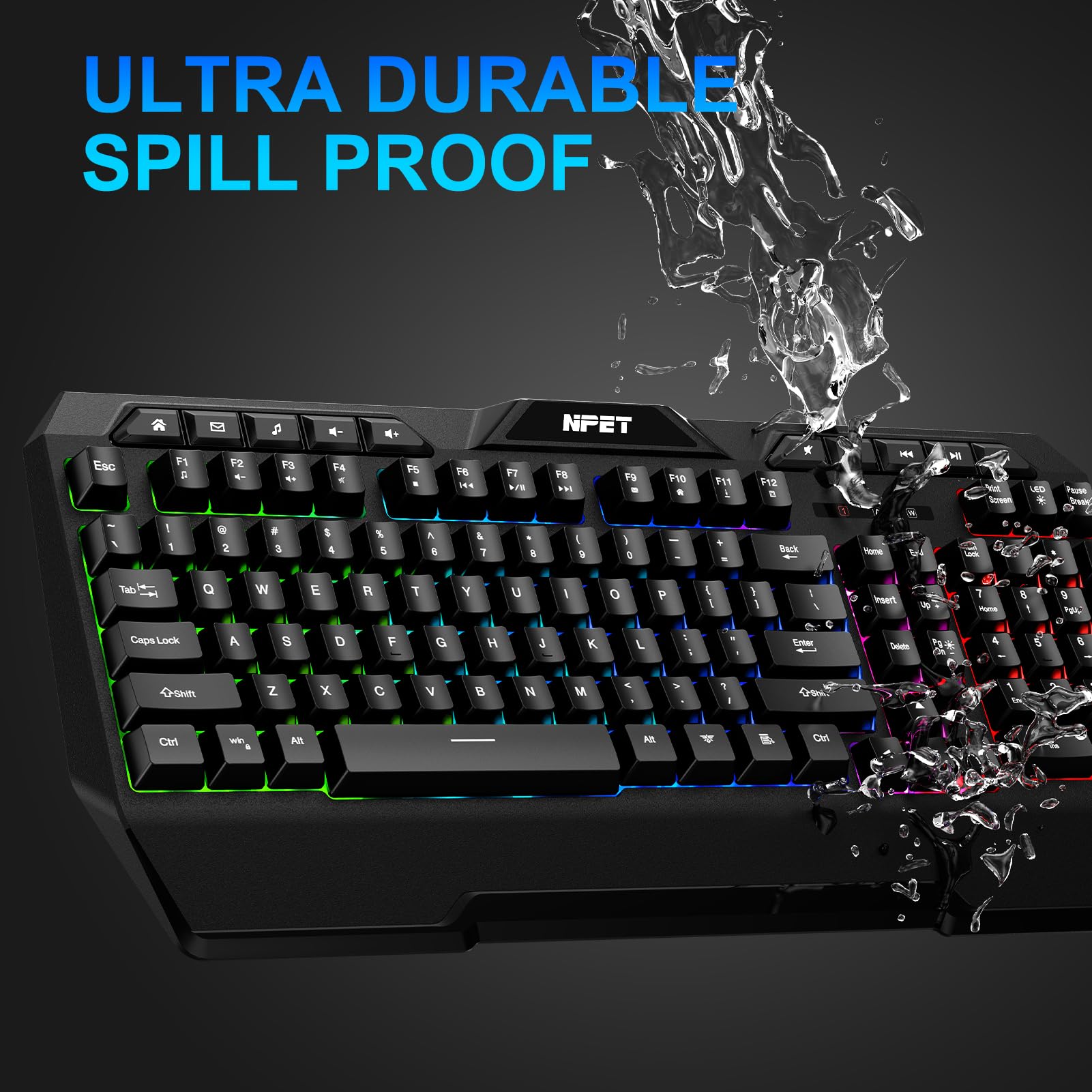 NPET K32 Wireless Gaming Keyboard RGB with Wrist Rest - Long-Lasting Rechargeable Battery - Quick and Quiet Typing - Water Resistant Backlit Wireless Keyboard for PC PS5 PS4 Xbox One Mac - Black