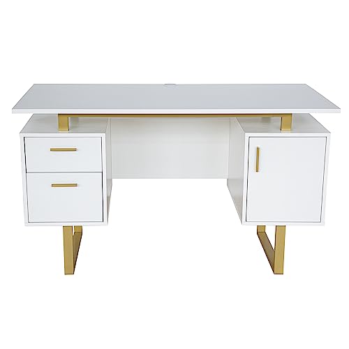 Techni Mobili Storage Drawers and Cabinet 51.25β W-Modern Office Large Floating Desktop Surface Desk, 23.6" D x 51.2" W x 29.8" H, White/Gold