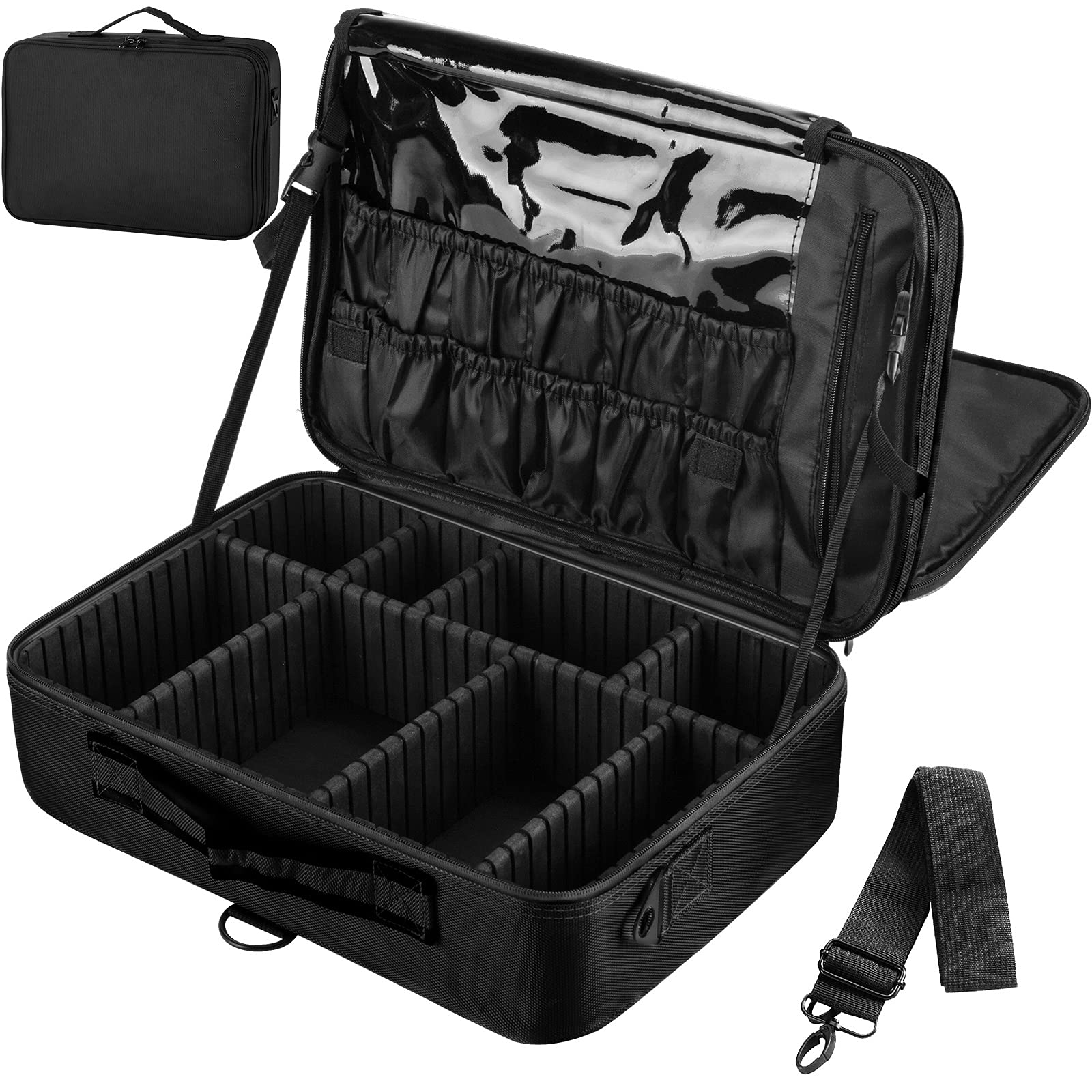 JAZZ GORDON Makeup Bag Large 3 Layers Travel Makeup Organizer Professional Makeup Case Portable Artist Storage Mkeup Brush Bag with Adjustable Dividers,Straps (Black)
