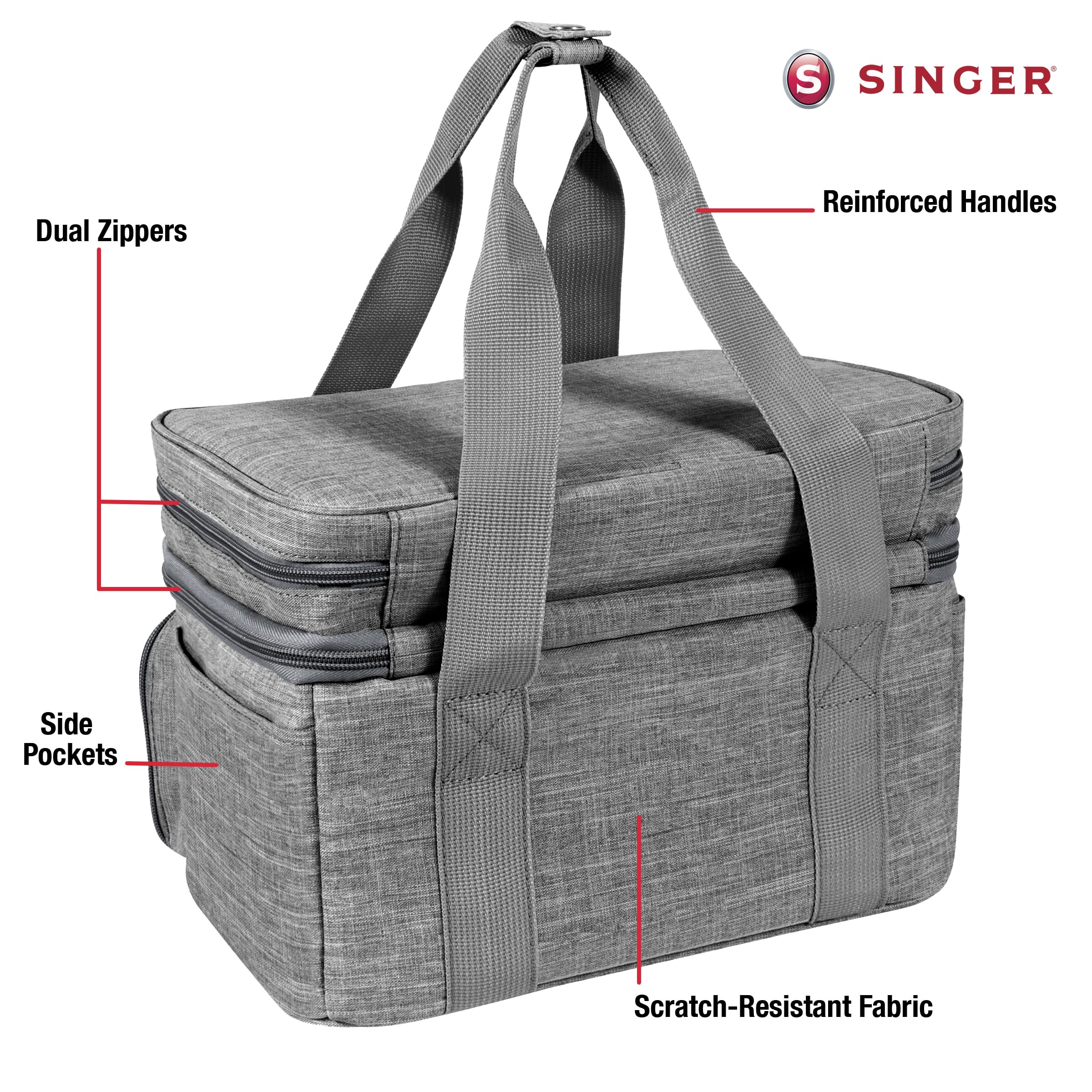 SINGER Sewing Accessories Organizer (Bag Only) β Double Layer Portable Sewing Storage Bag | 2 Detachable Pouches and 18 Compartments, Large Sewing Supplies & Crafting Carry-all (Gray)